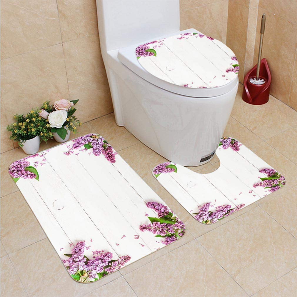 GOHAO Lilac Flowers Wooden Flat Lay 3 Piece Bathroom Rugs Set Bath Rug ...