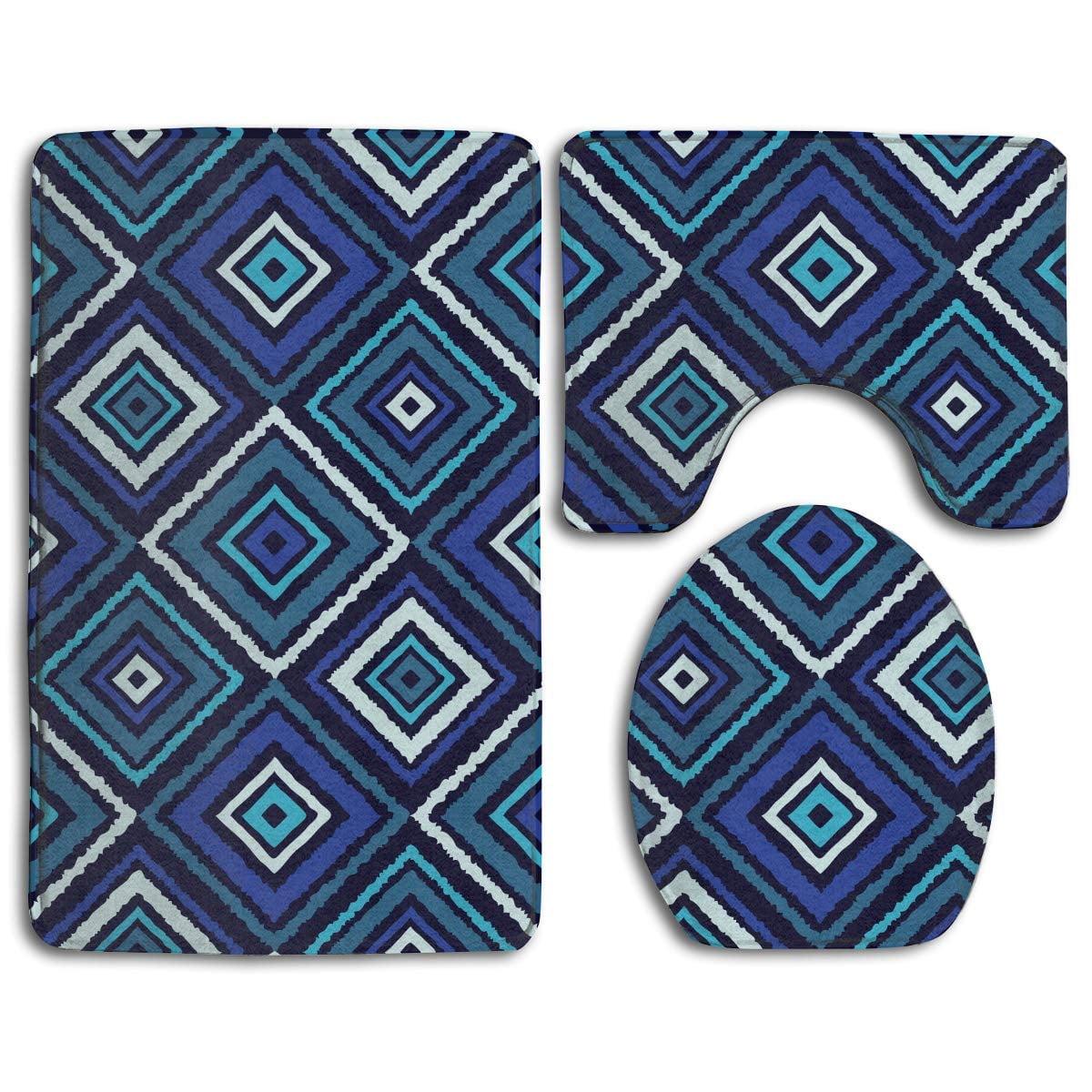 GOHAO Math Square Blue 3 Piece Bathroom Rugs Set Bath Rug Contour Mat ...