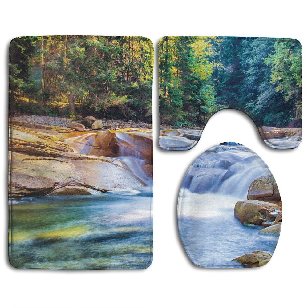 GOHAO Mother Nature Theme Waterfall Forest Stones 3 Piece Bathroom Rugs ...