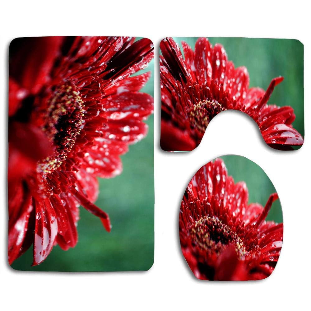 GOHAO Red Flowers Daisy 3 Piece Bathroom Rugs Set Bath Rug Contour Mat ...