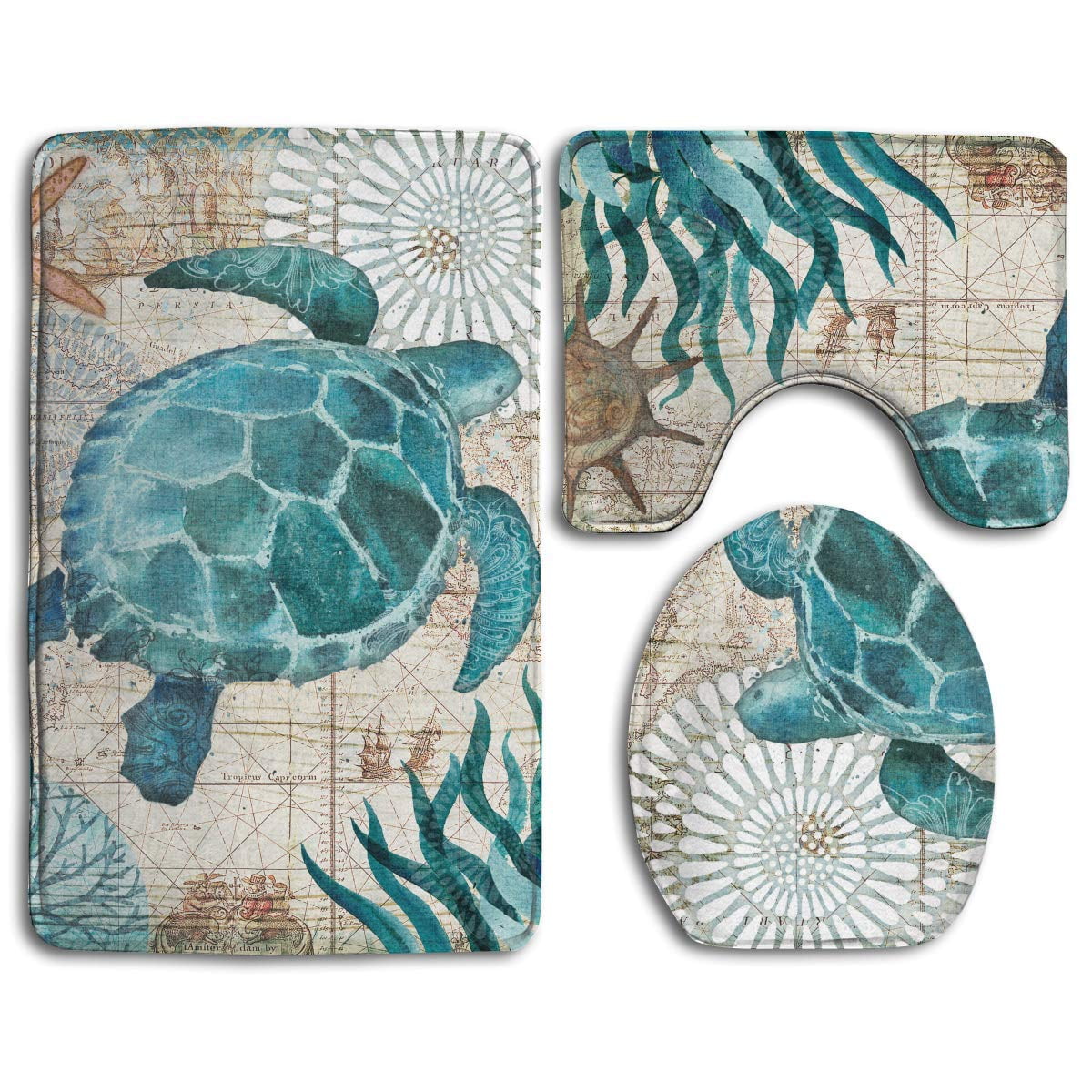 GOHAO Sea Turtle Ocean 3 Piece Bathroom Rugs Set Bath Rug Contour Mat ...