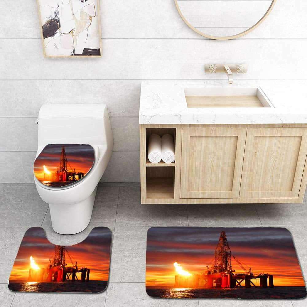 GOHAO Silhouette Ocean Oil rig at Sunset 3 Piece Bathroom Rugs Set Bath ...