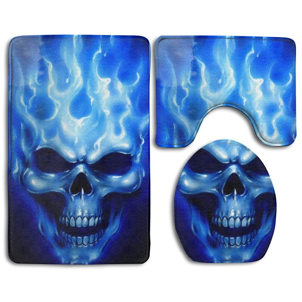 GOHAO Skull Blue Flames 3 Piece Bathroom Rugs Set Bath Rug Contour Mat ...