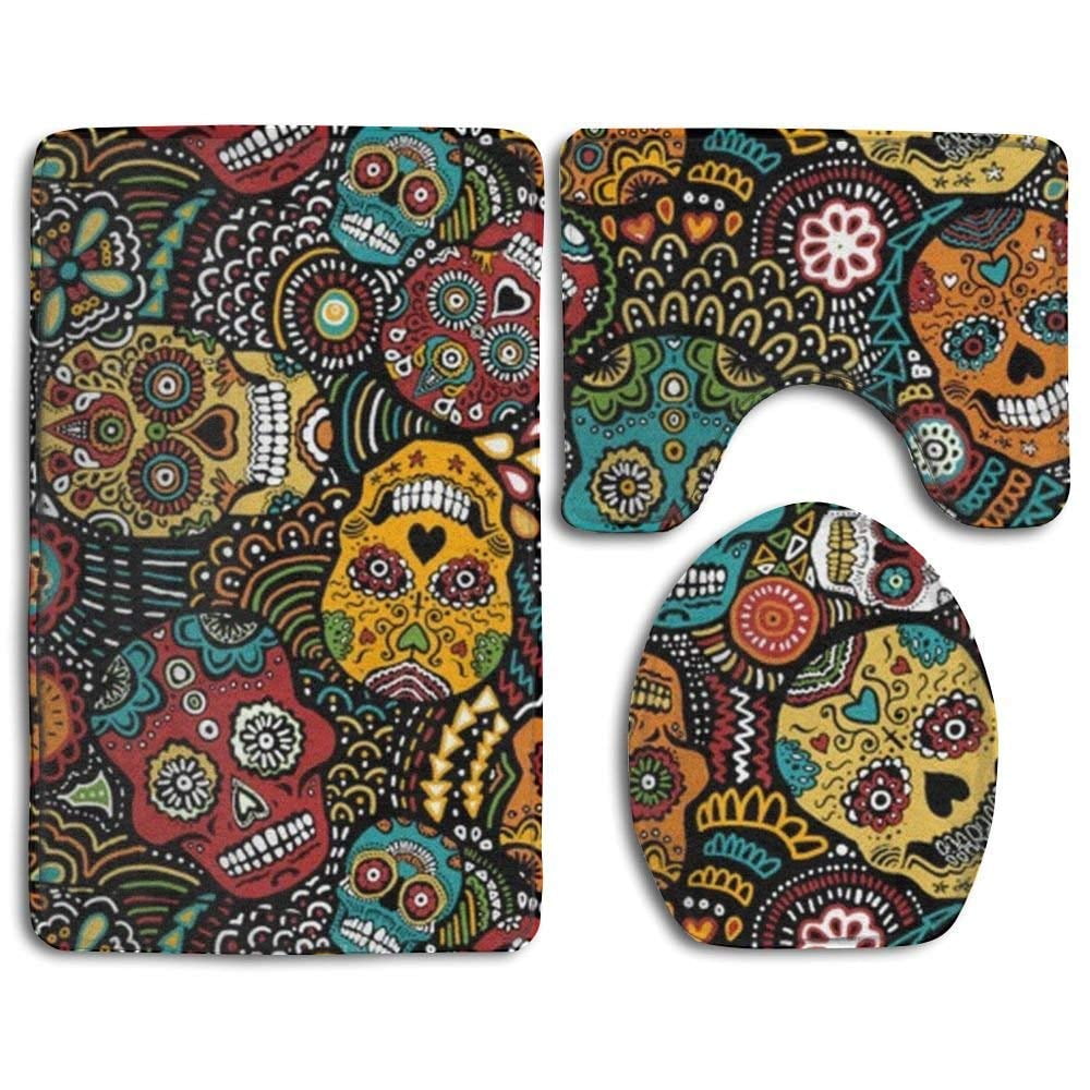 GOHAO Sugar Skulls 3 Piece Bathroom Rugs Set Bath Rug Contour Mat and ...