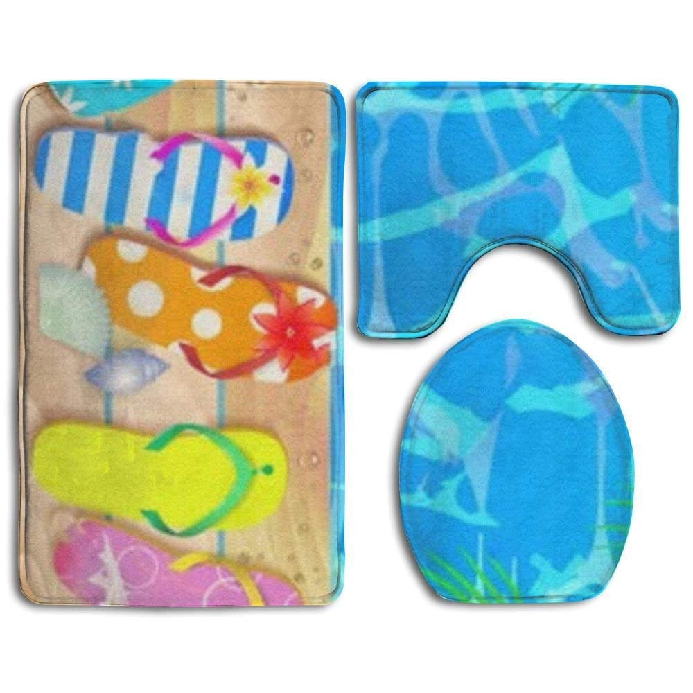 GOHAO Wooden Board Starfish and Flip Flop 3 Piece Bathroom Rugs Set ...