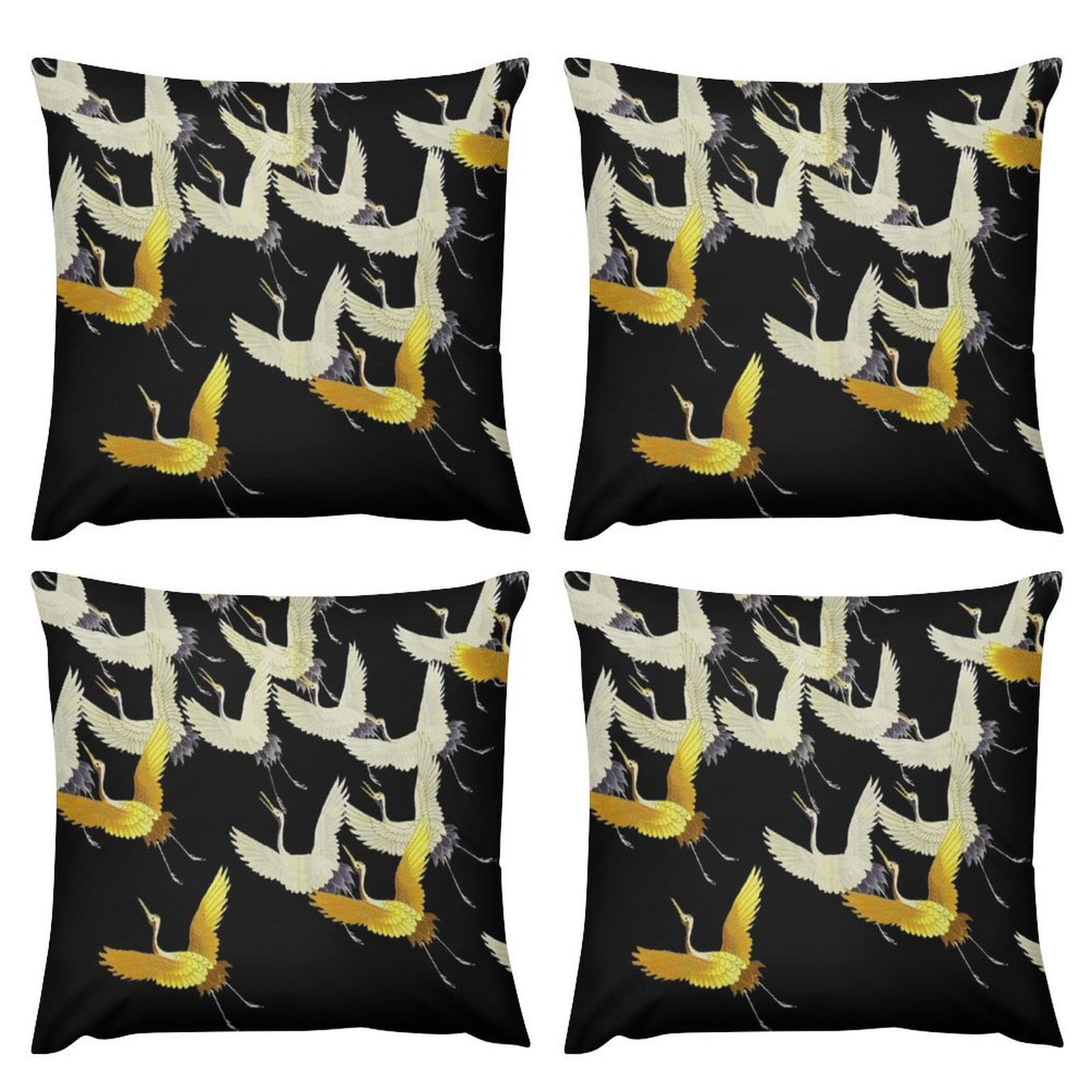 GOLD YELLOW WHITE FLYING CRANES IN BLACK Japanese Pattern 4 Pcs Cushion ...