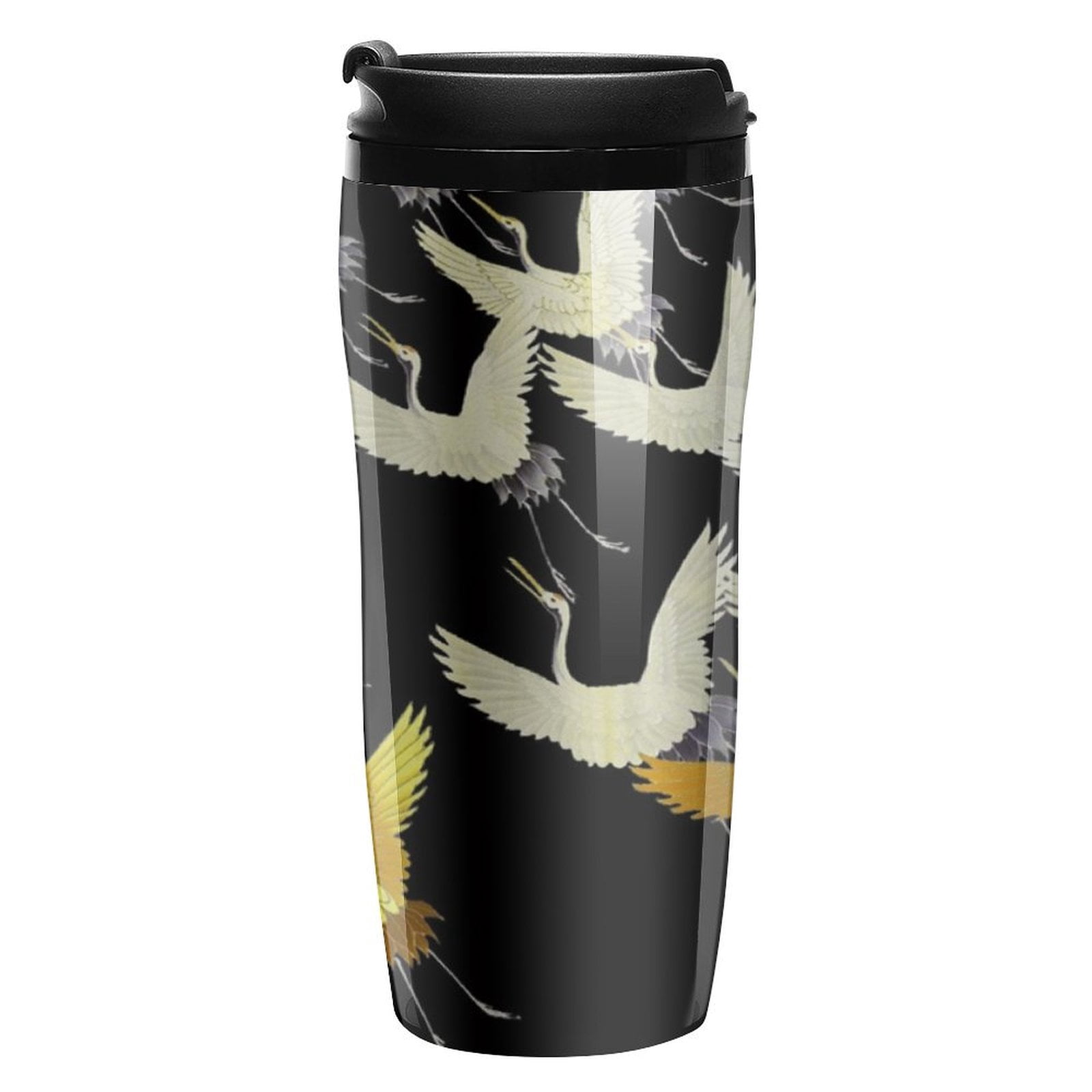 GOLD YELLOW WHITE FLYING CRANES IN BLACK Japanese Pattern Double Walled ...