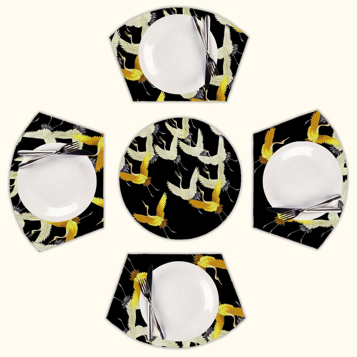 GOLD YELLOW WHITE FLYING CRANES IN BLACK Japanese Pattern Round Table ...