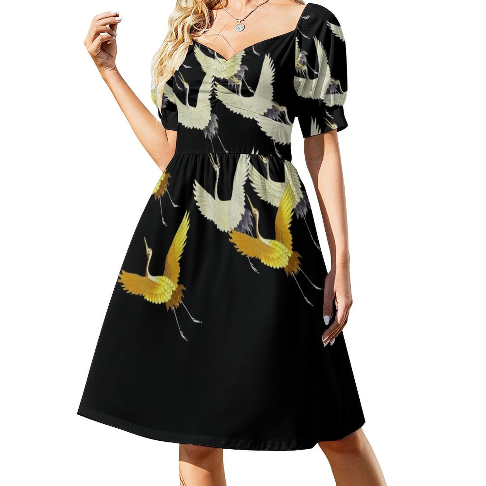 GOLD YELLOW WHITE FLYING CRANES IN BLACK Japanese Pattern Dress prom ...