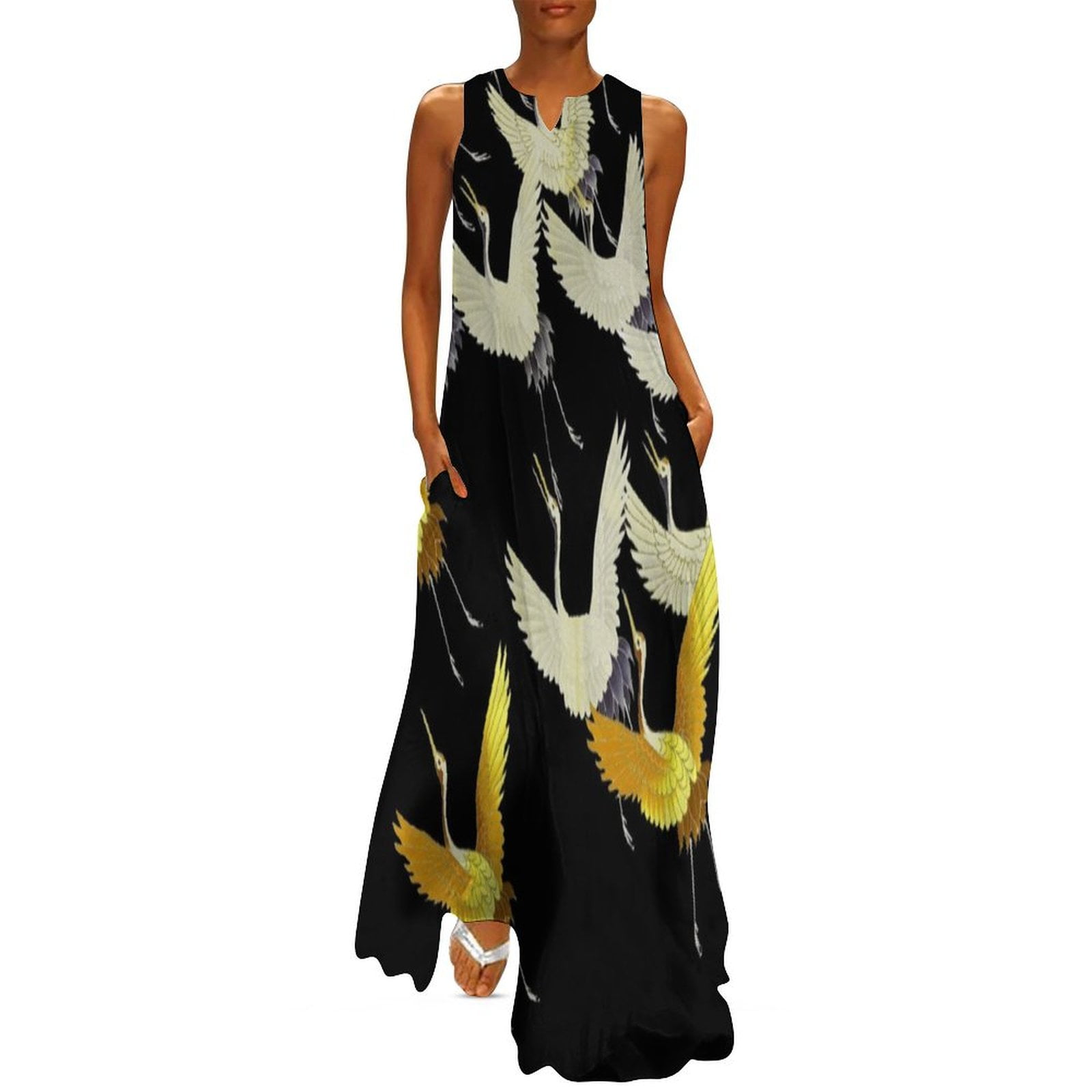 GOLD YELLOW WHITE FLYING CRANES IN BLACK Japanese Pattern Long Dress ...