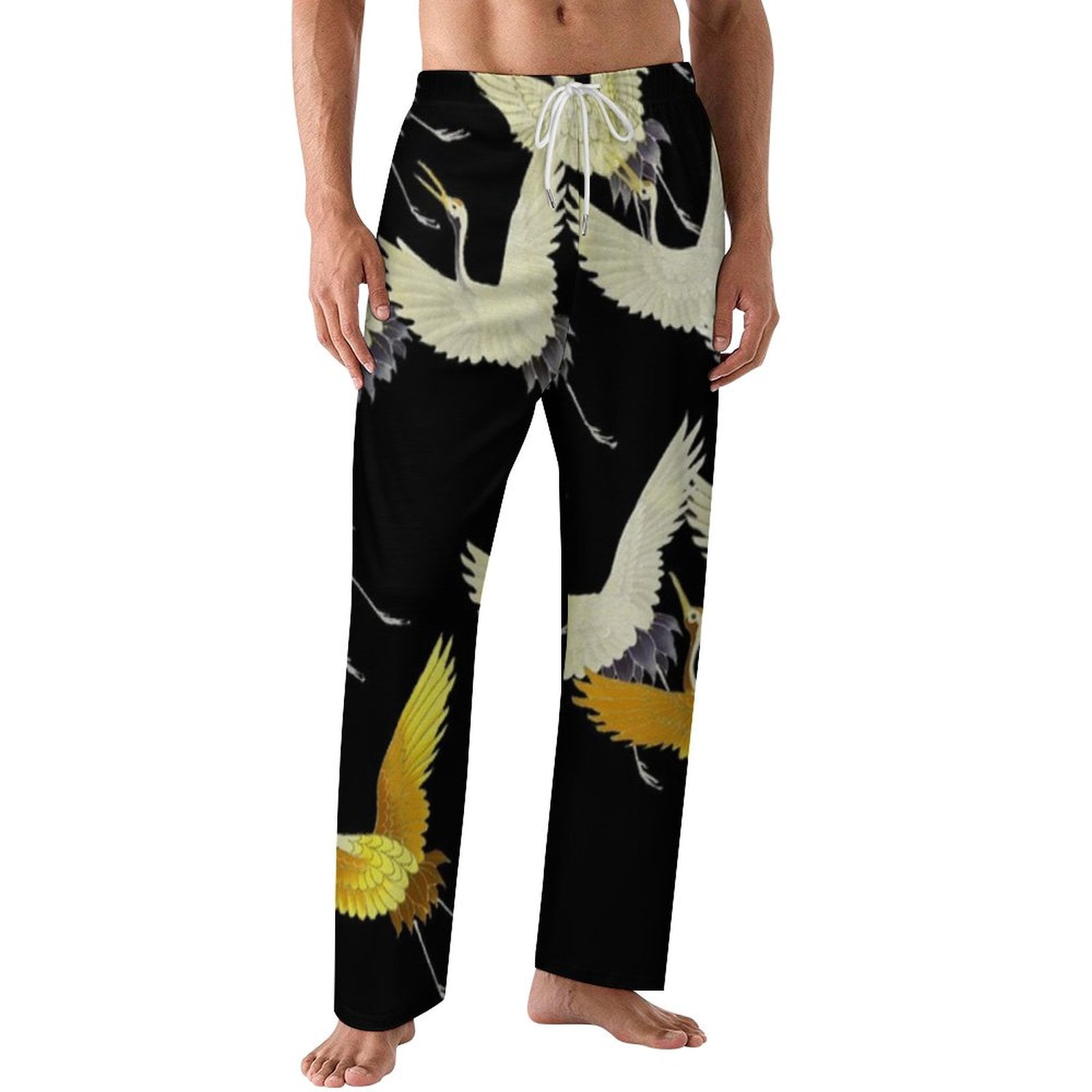 GOLD YELLOW WHITE FLYING CRANES IN BLACK Japanese Pattern Mens Pajamas ...