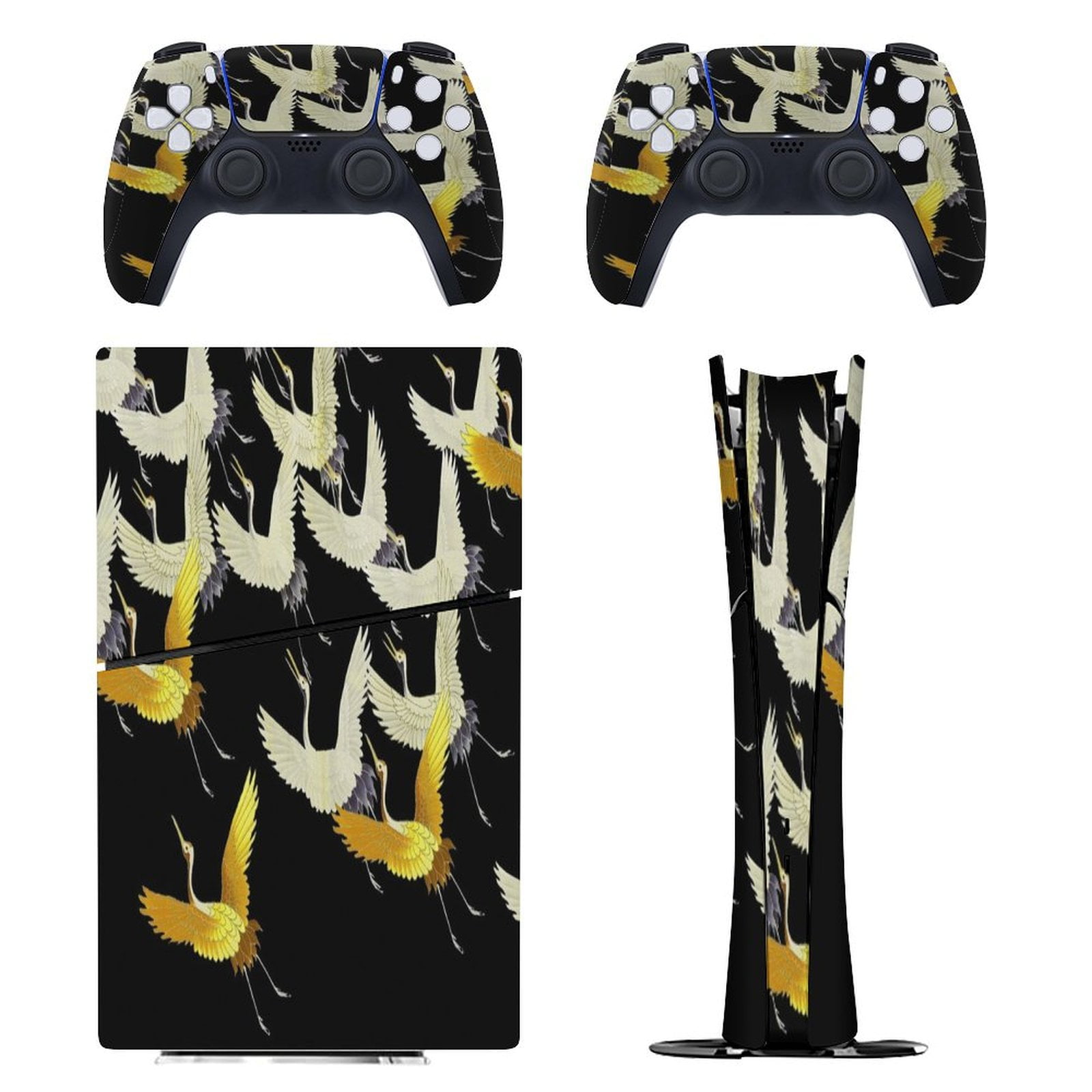 GOLD YELLOW WHITE FLYING CRANES IN BLACK Japanese Pattern PS5/PS5 Pro ...