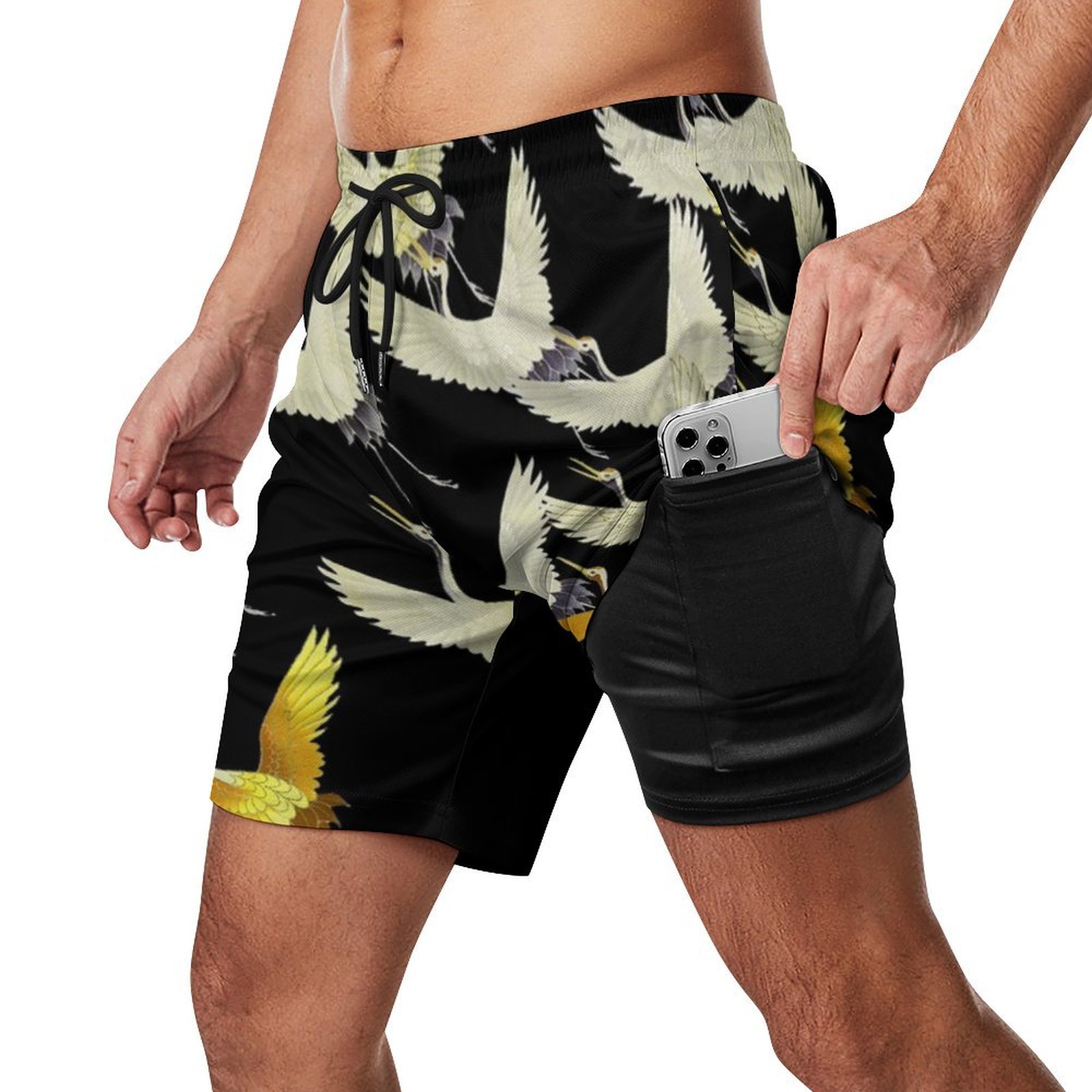 GOLD YELLOW WHITE FLYING CRANES IN BLACK Japanese Pattern Quick Dry ...