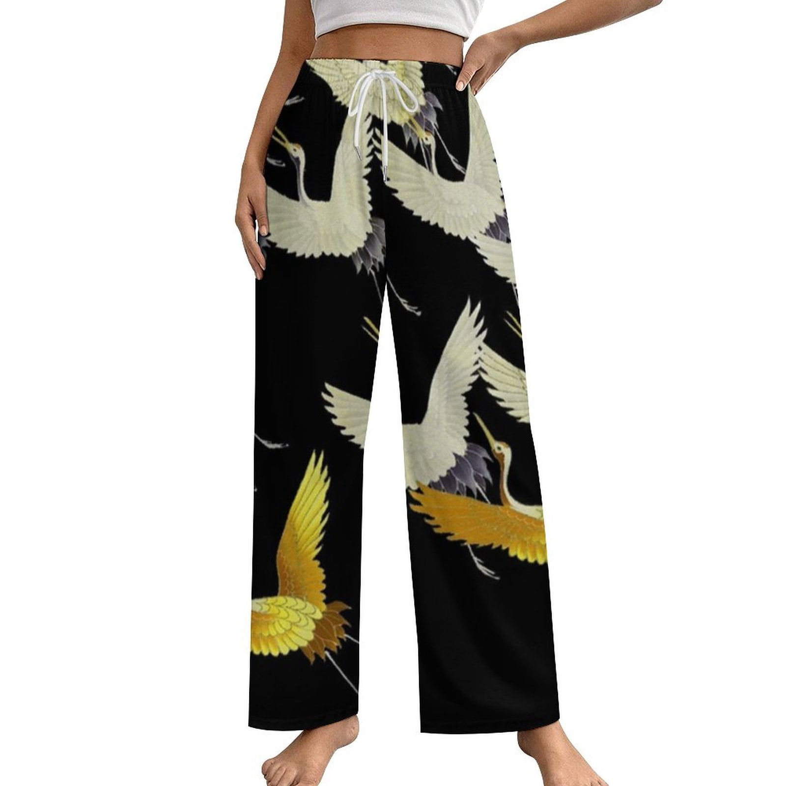 GOLD YELLOW WHITE FLYING CRANES IN BLACK Japanese Pattern Women's ...