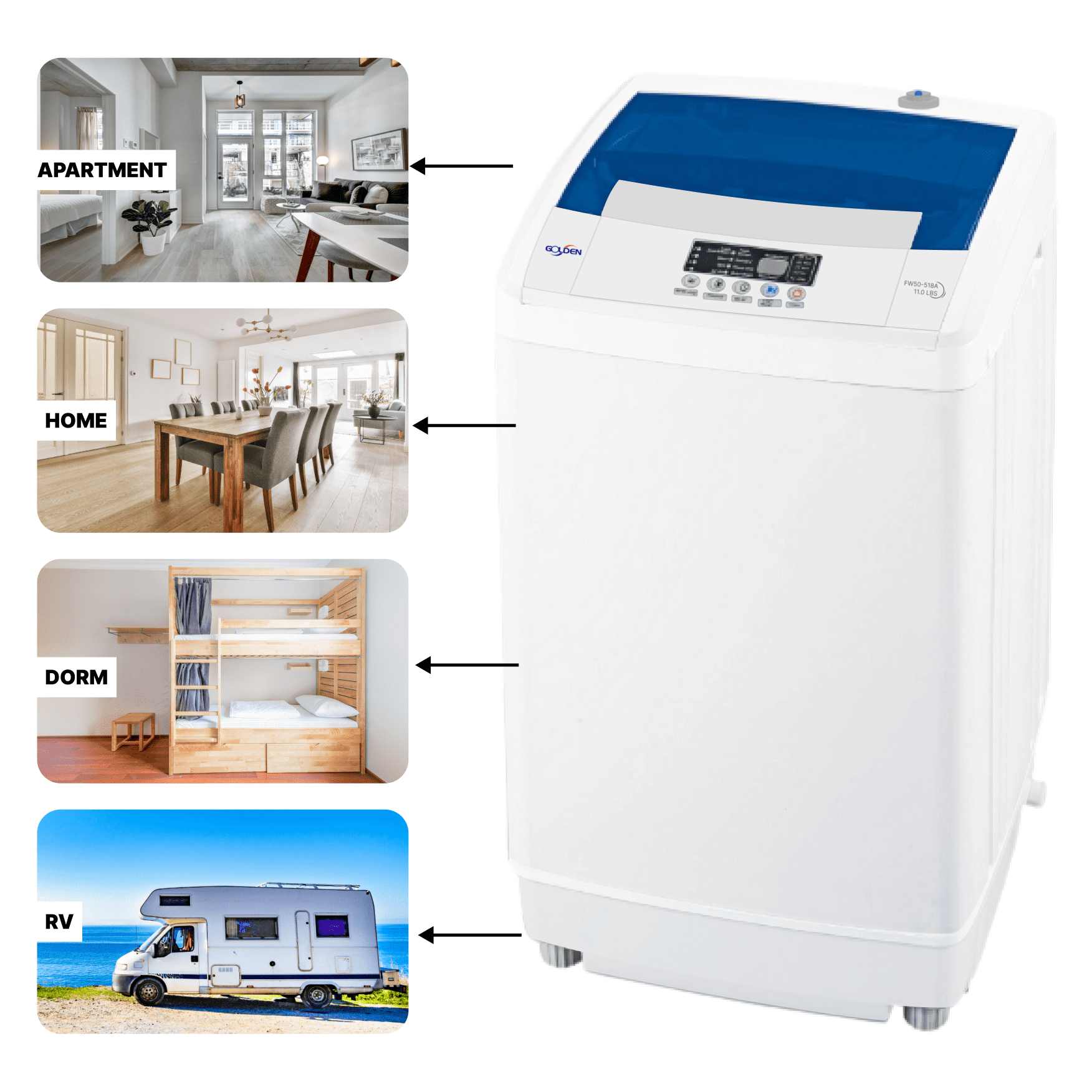 GOLDEN 1.6 Cu Ft. /11.0 LB Ft Portable Washer Top-load for Apartment ...