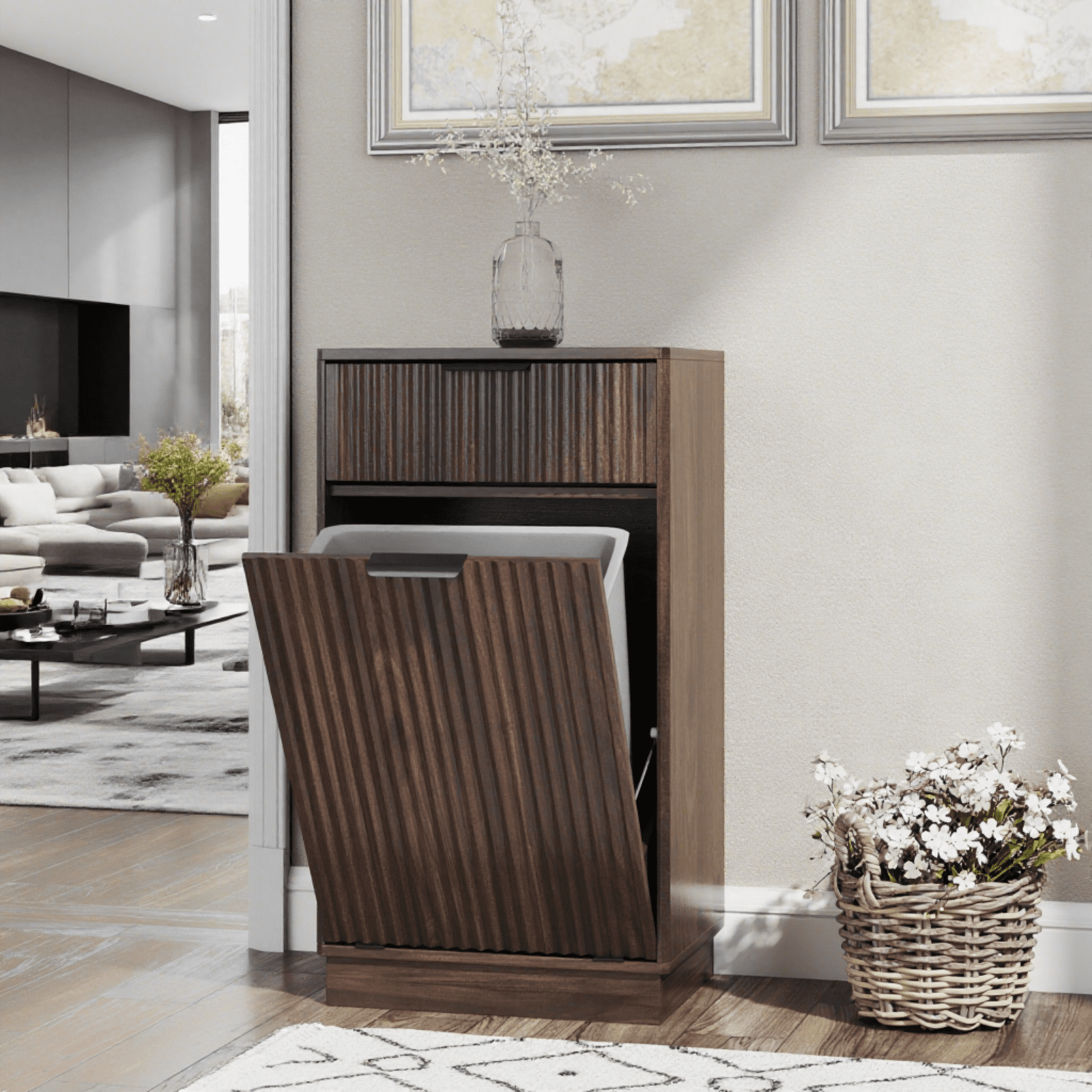 GOLDEN MEMORIES Wood Grain Tilt Trash Bin Cabinet Wooden Trash Recycling Cabinet with Wave ...