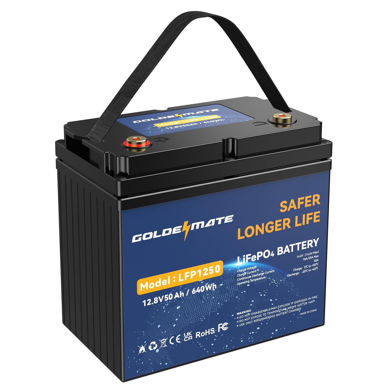 GOLDENMATE 12V 50Ah LiFePO4 Lithium Battery, 10 Years Lifetime, 5000 ...