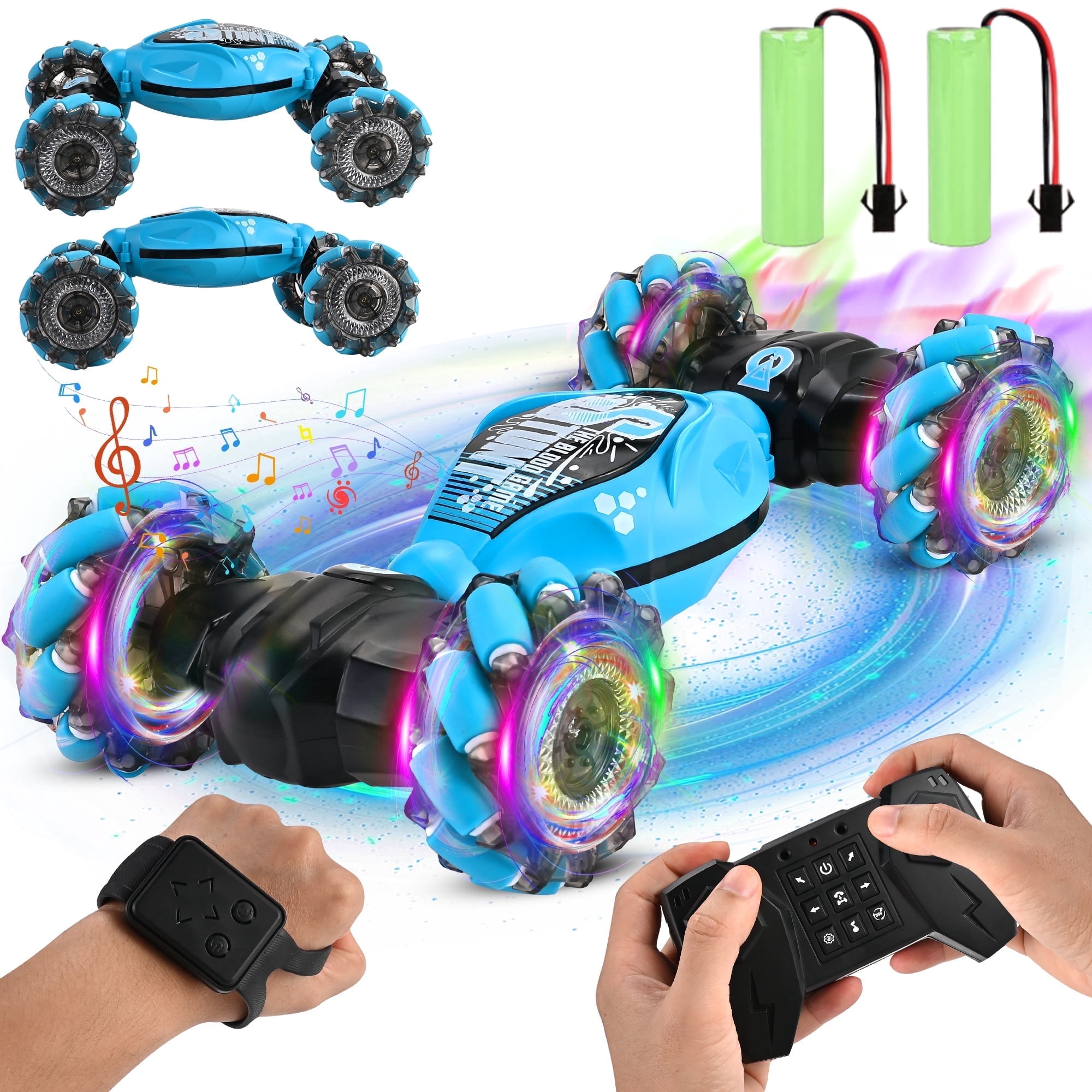 Faburo RC Stunt Car, 4WD Gesture Sensing Remote, Lights, Music, Blue ...