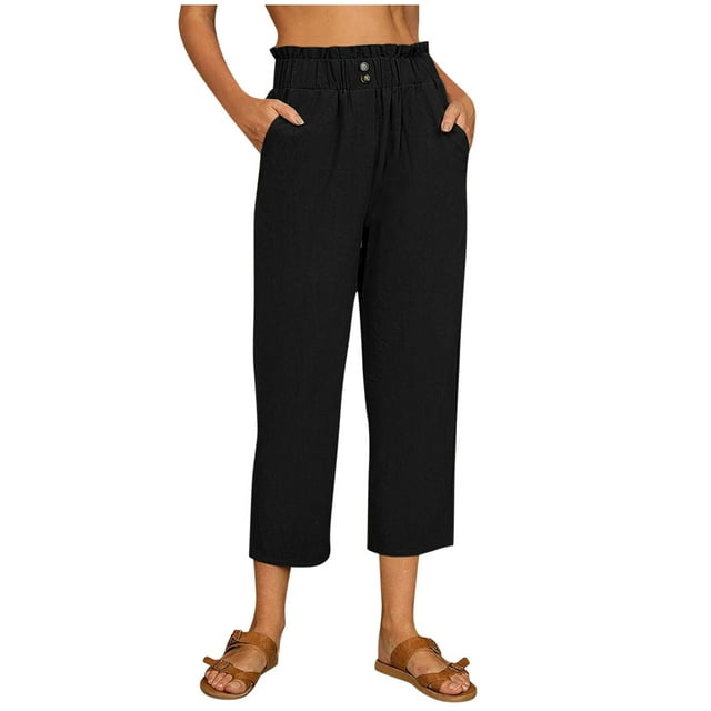 Golikeit Womens Cotton Linen Pants High Waist Elastic Waist Straight