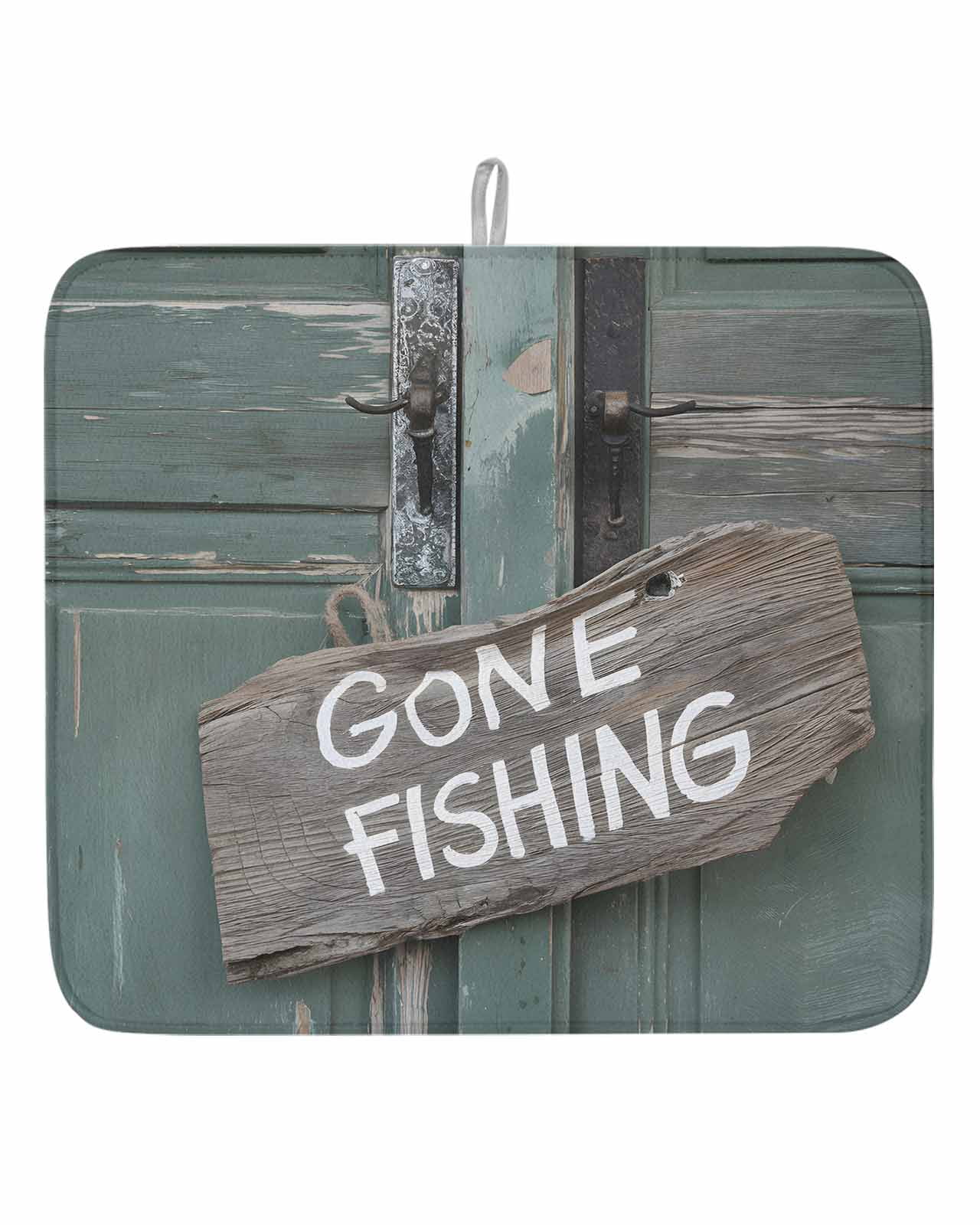 GONE FISHING Dish Drying Mat 16x18 inch Bronze Wood Grain Vintage ...