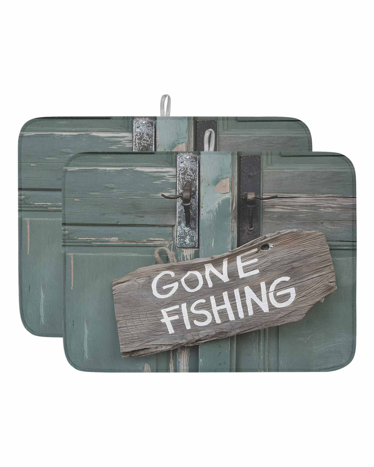 GONE FISHING Dish Drying Mat 18x24 inch Bronze Wood Grain Vintage ...
