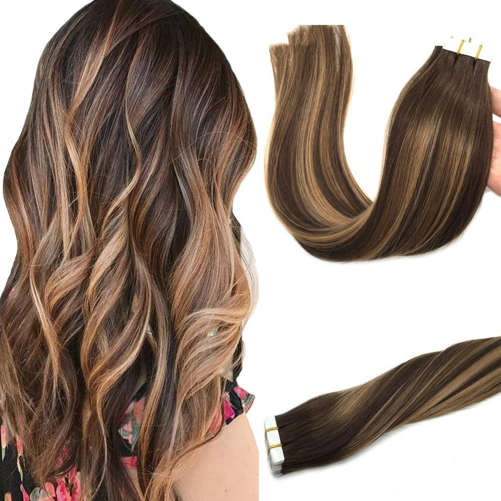 GOO GOO 20pcs 50g Human Hair Extensions Tape in Ombre Chocolate Brown ...