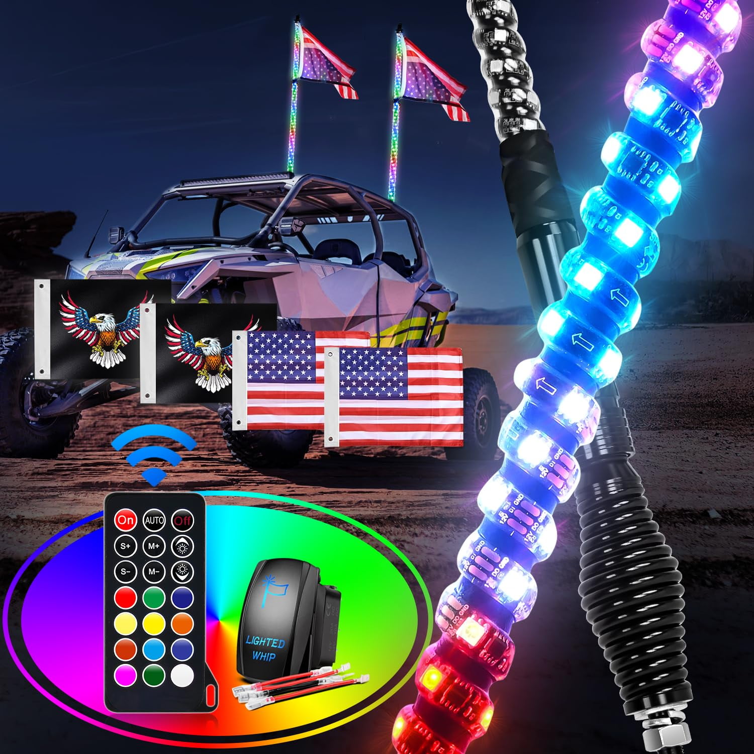 GOOACC 2PCS 5FT LED Whip Light with Spring Spiral RGB Chasing Whips ...