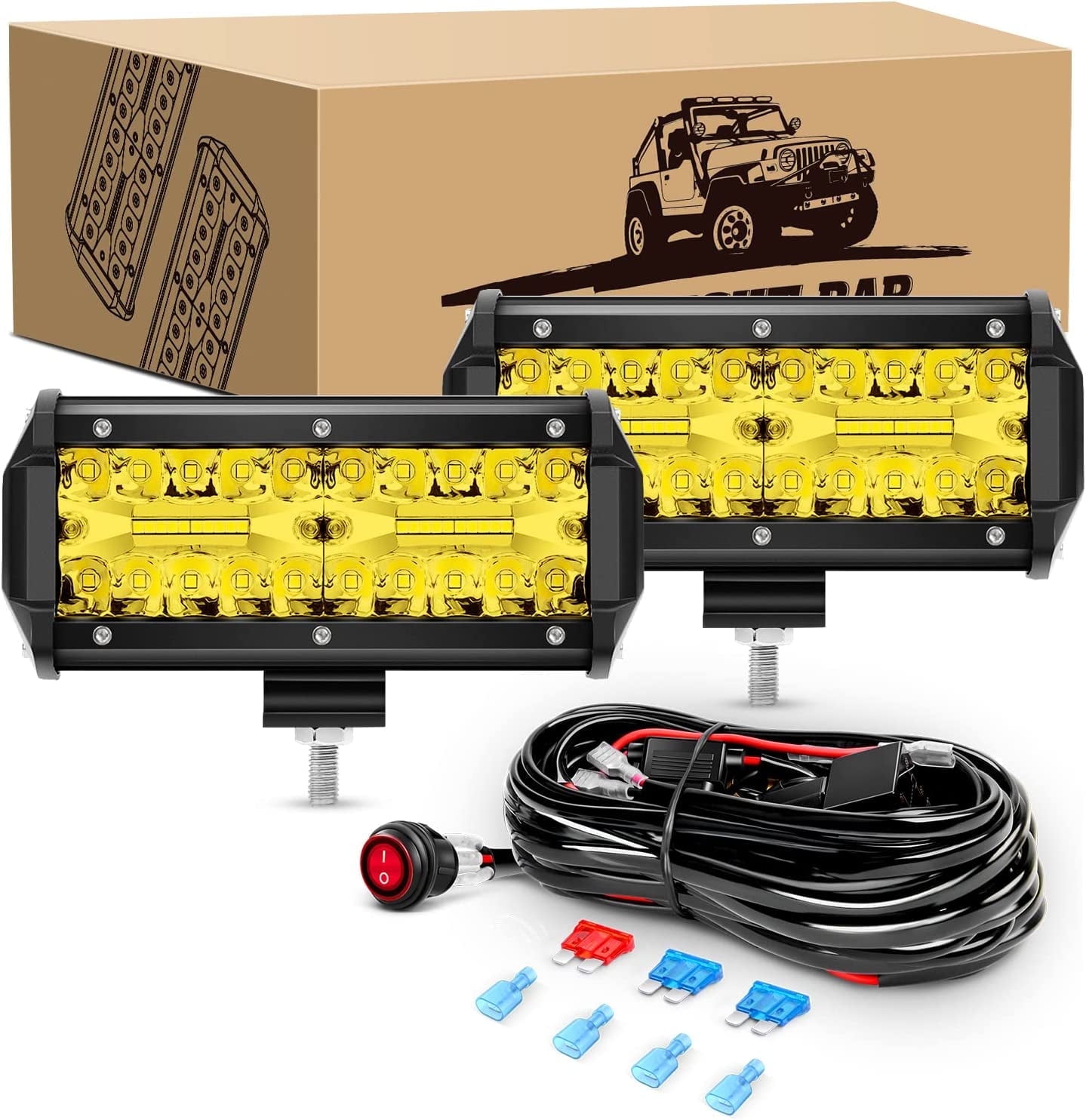 GOOACC 2Pcs 6.5 inch Amber Led Pods 120W Triple Row Flood Light Bar Fog ...