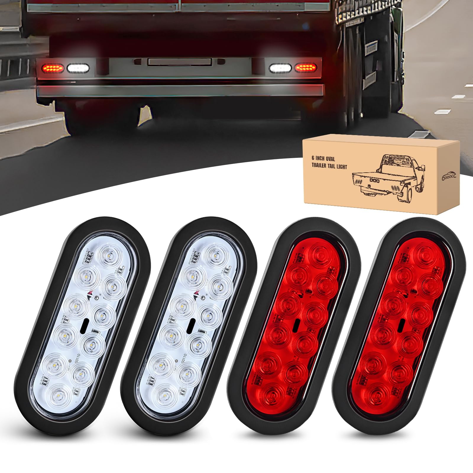 GOOACC 6Inch Oval Trailer Tail Light 4PCS 10LED White Red Stop Turn ...