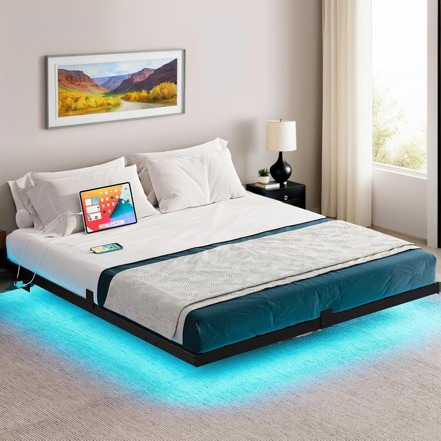 GOOBED Floating Bed Frame Queen Size, Bed Frame with Charging Station ...