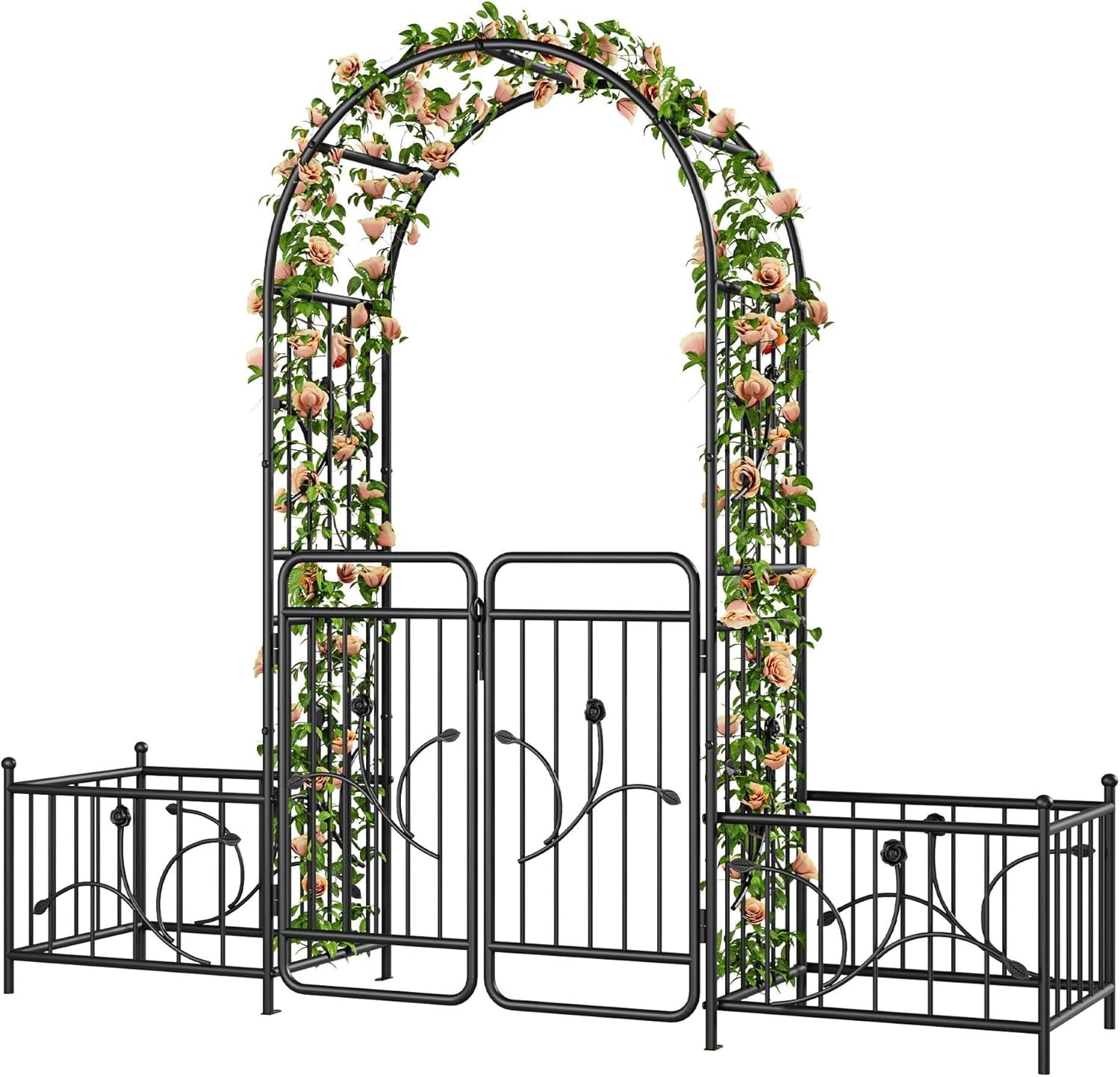 GOOBED Metal Garden Arbor with Gate & Planter Boxes for Climbing Plants ...