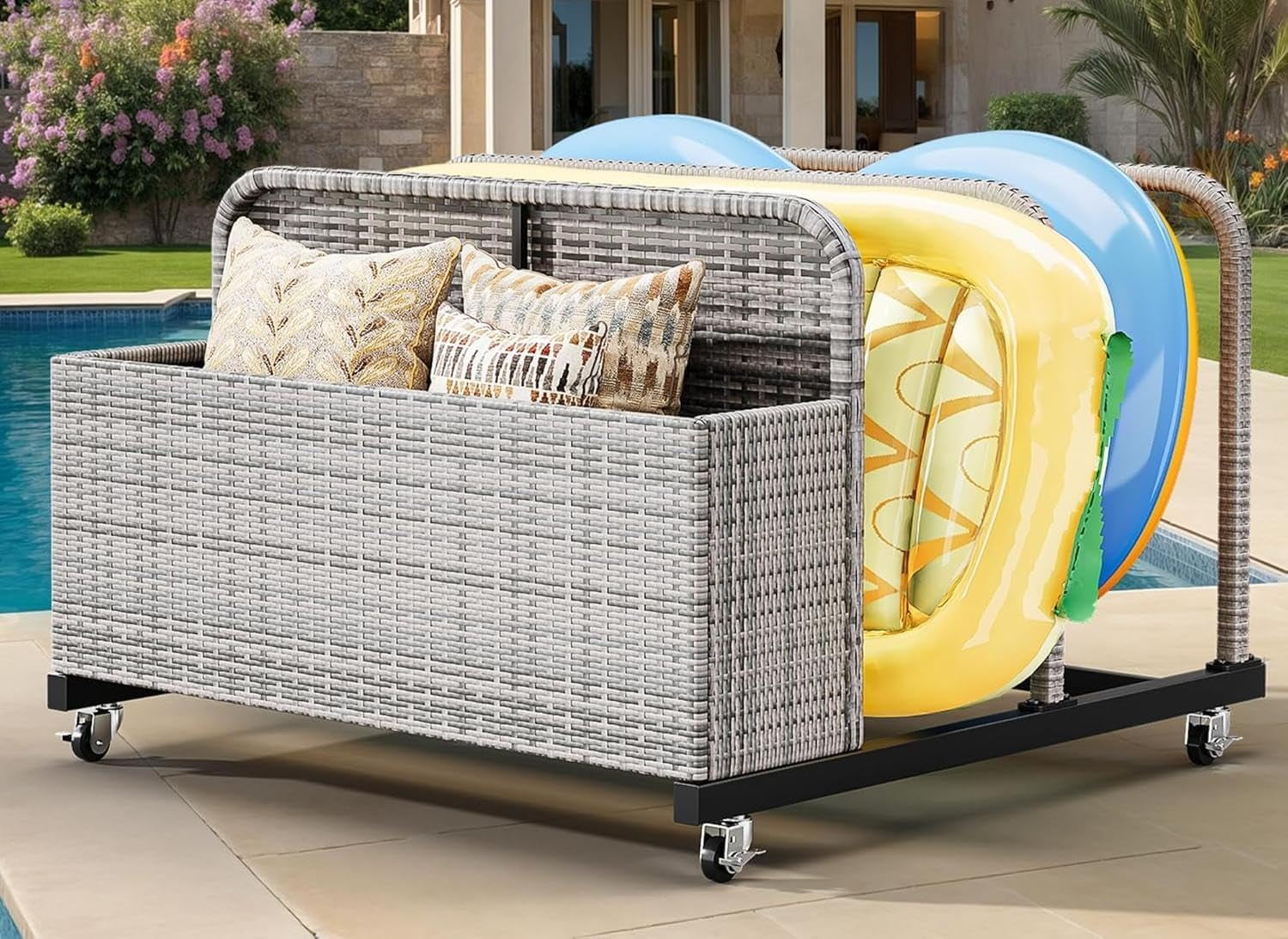 GOOBED Pool Storage, Wicker Pool Float Holder with Lockable wheels,Pool ...