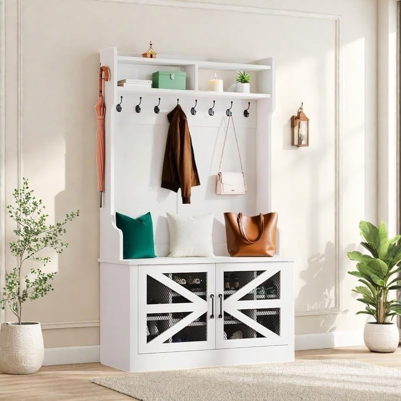 GOOBED Wide Hall Tree with 10 Shoe Cubbies & 10 Coat Hooks, 42" W Coat ...