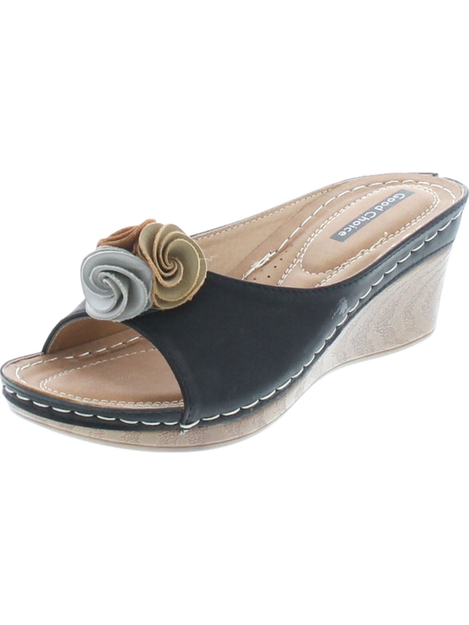 GOOD CHOICE Womens Black 1" Platform Flower Detail Comfort Sydney Wedge ...
