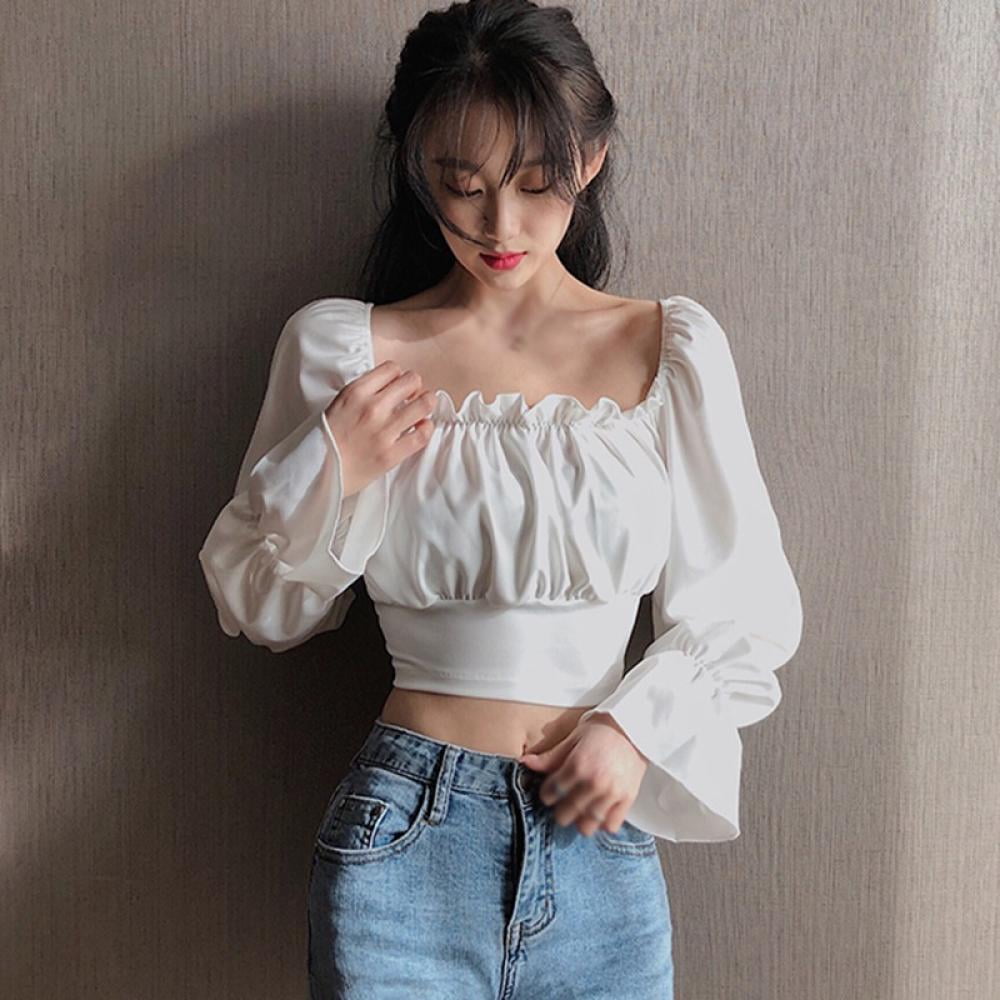GOODLY Womens Bandage Tops Backless Off Shoulder T-shirt Long Sleeve ...