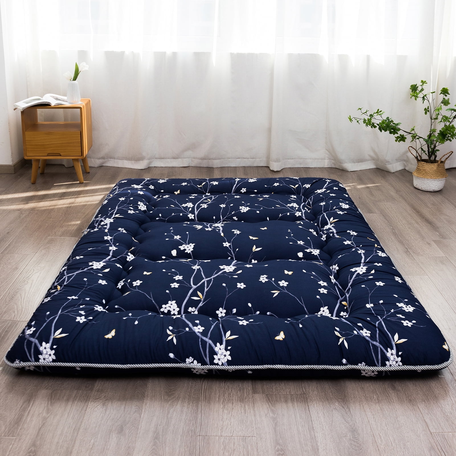 Japanese Roll-Up Twin Size Futon Mattress with Floral Design, Floor ...