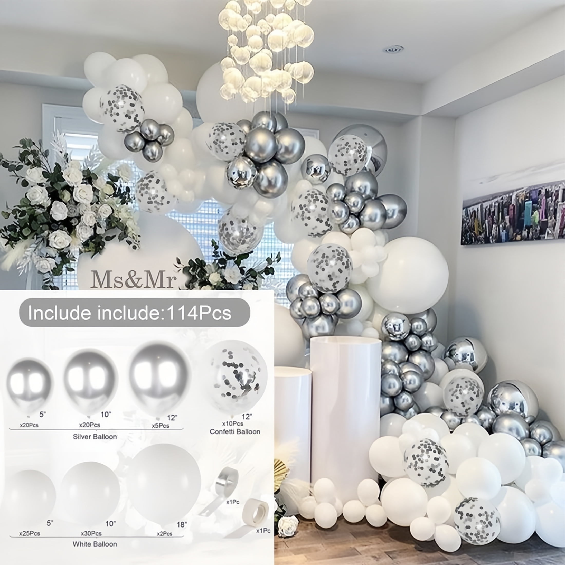 GOODOOSOO Balloons Kits 110 Pcs Silver and White Balloon Set - Includes ...