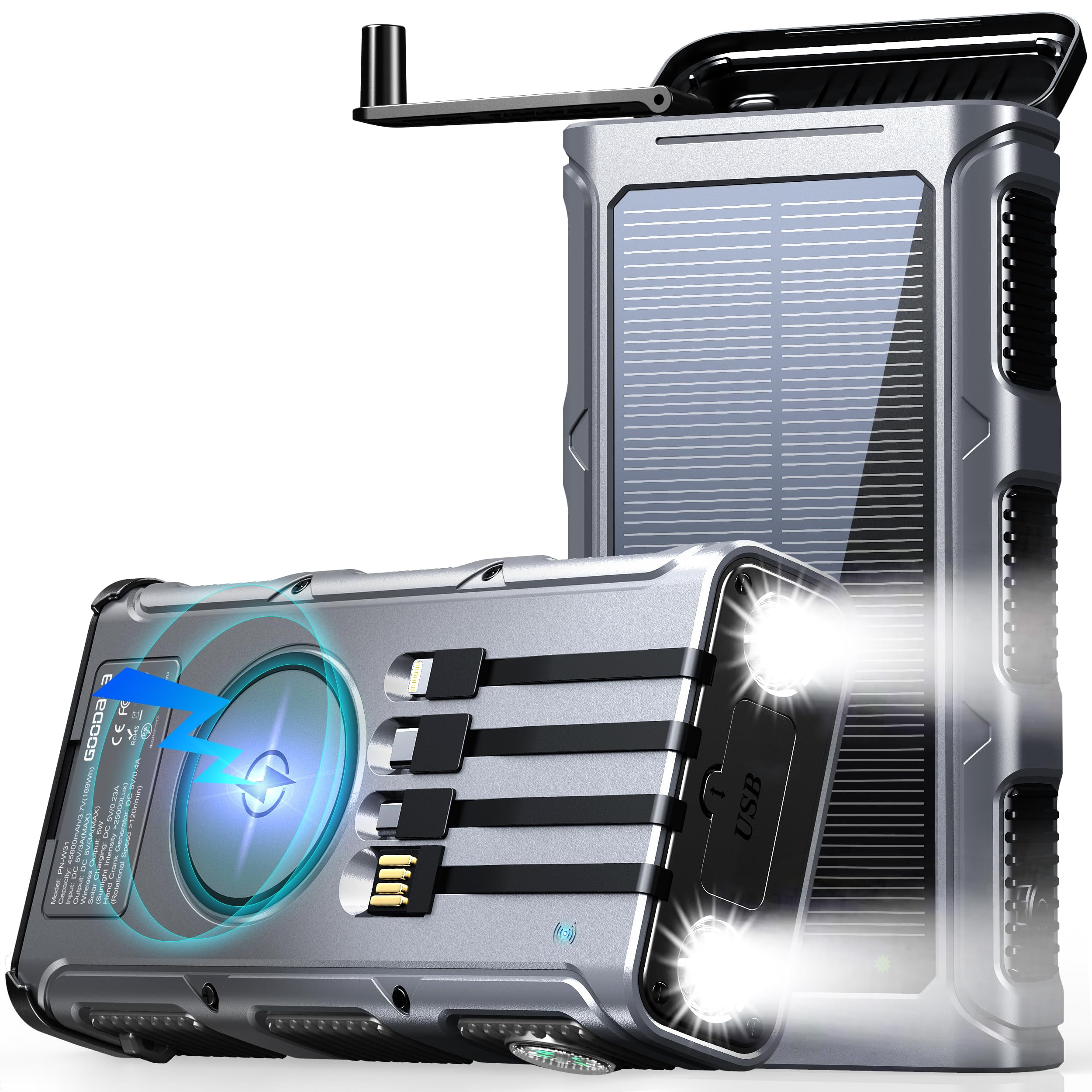 GOODaaa Power Bank Wireless Charger 45800mAh Built in Hand Crank and 4 ...