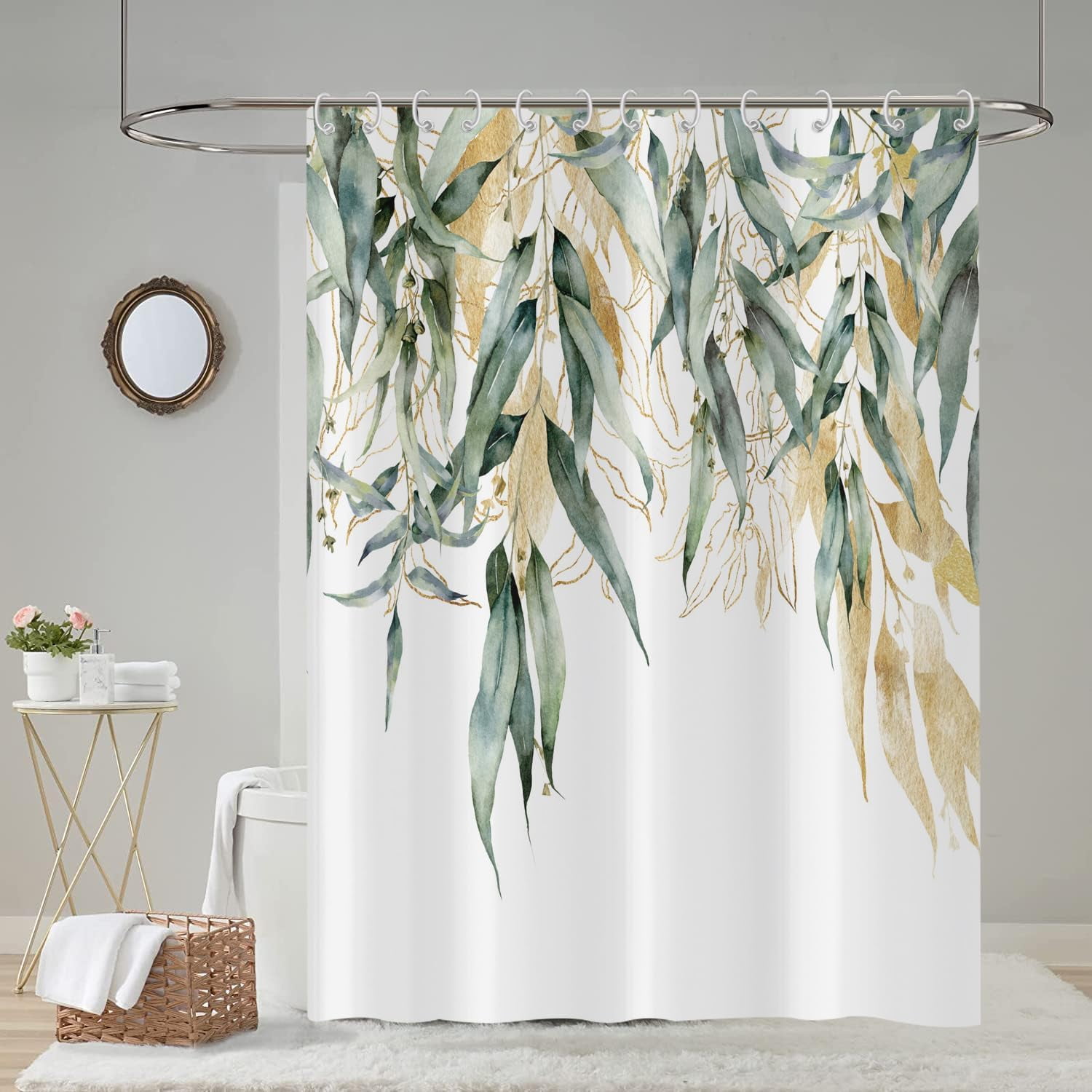 GOOESING Green Leaves Shower Curtains for Bathroom Eucalyptus Leaf Gold ...