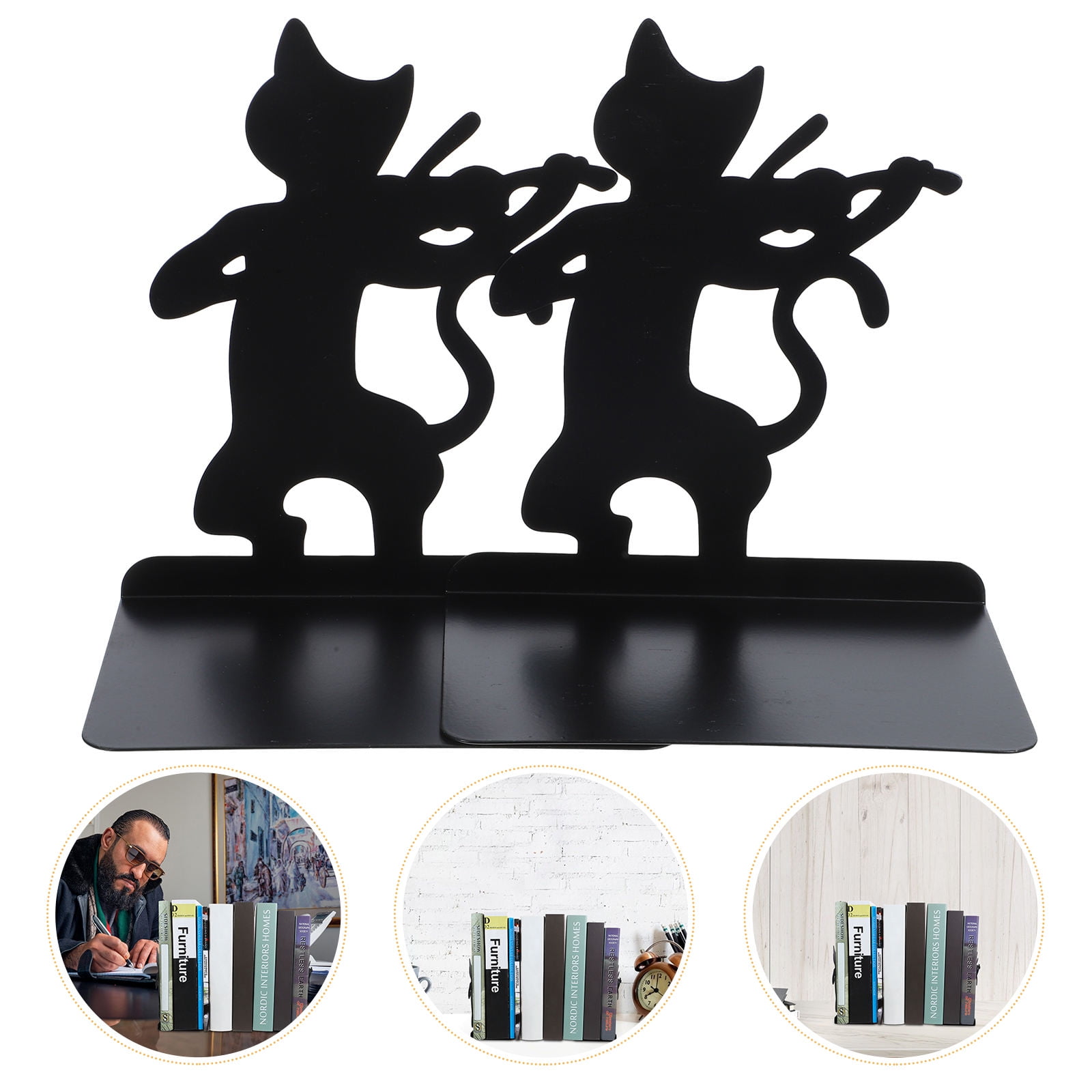 GOOHOCHY 1 pair of Book Organizer Metal Book Ends Cat Design Desktop ...