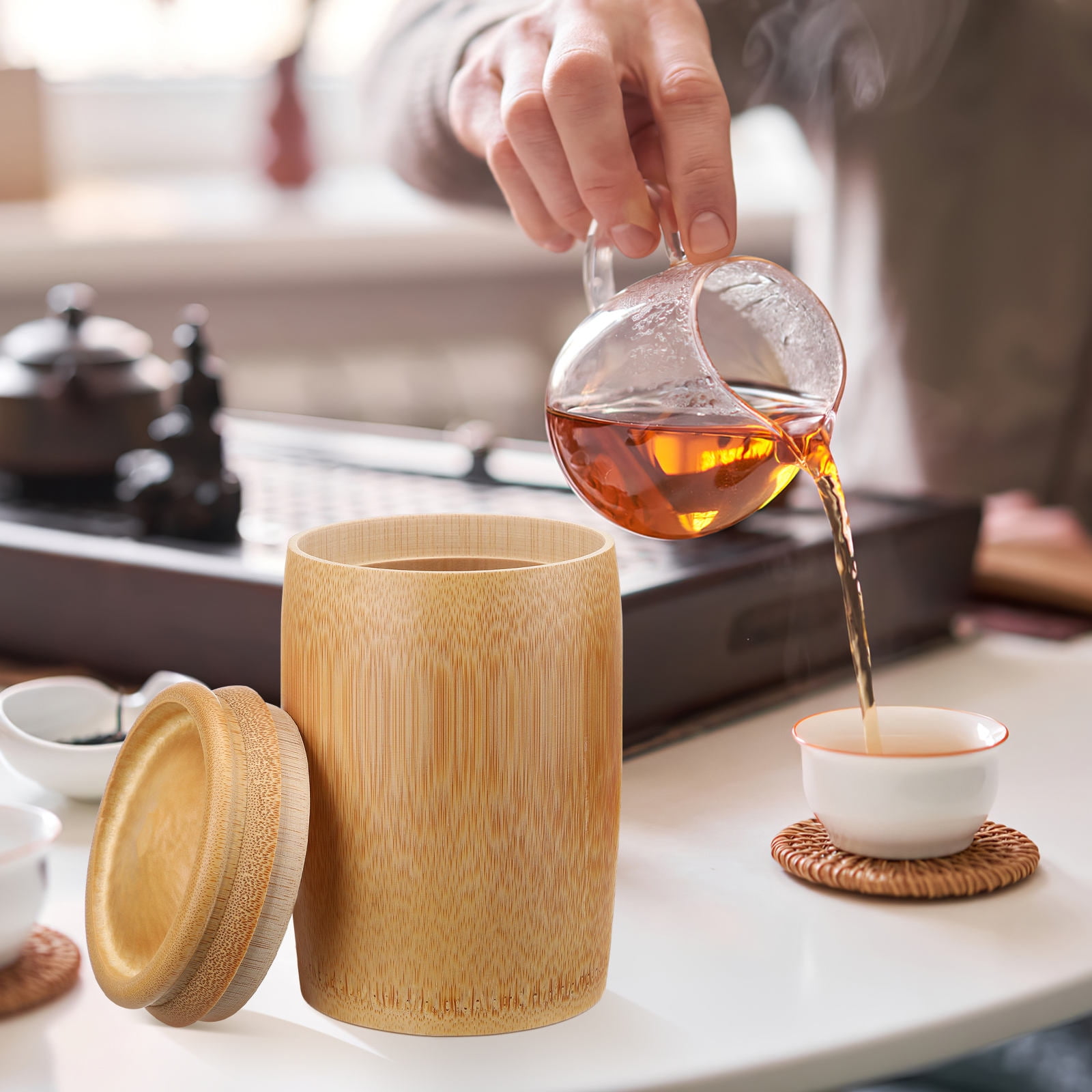 GOOHOCHY 1PC Bamboo Material Tea Canister Round Shaped Tea Ball Jar ...