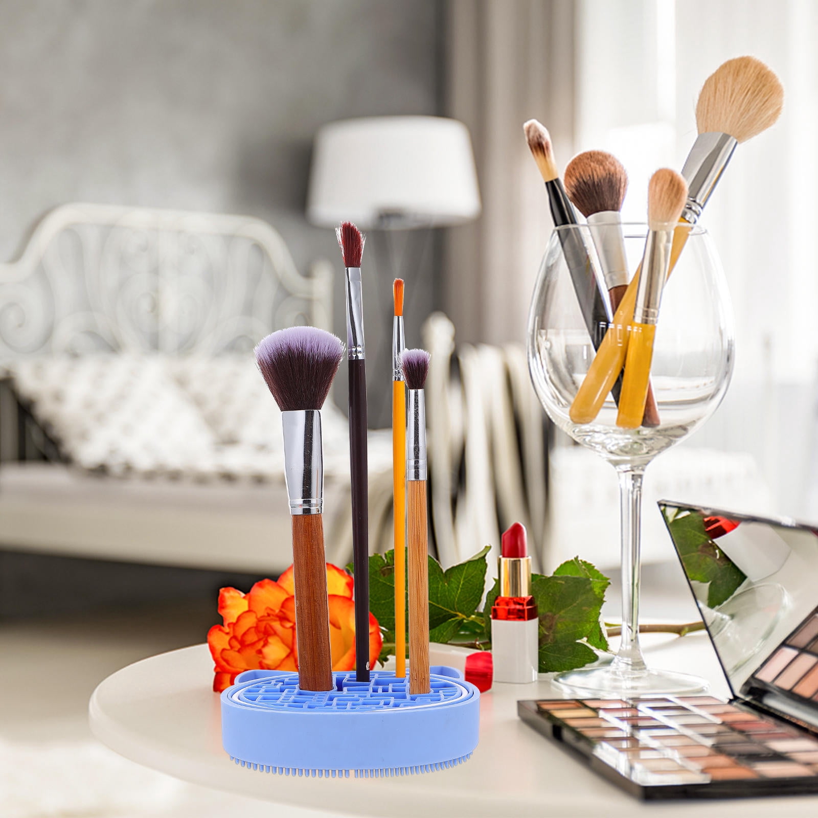 GOOHOCHY Blue Silicone Makeup Brush Cleaning Mat with Drying Holder for ...