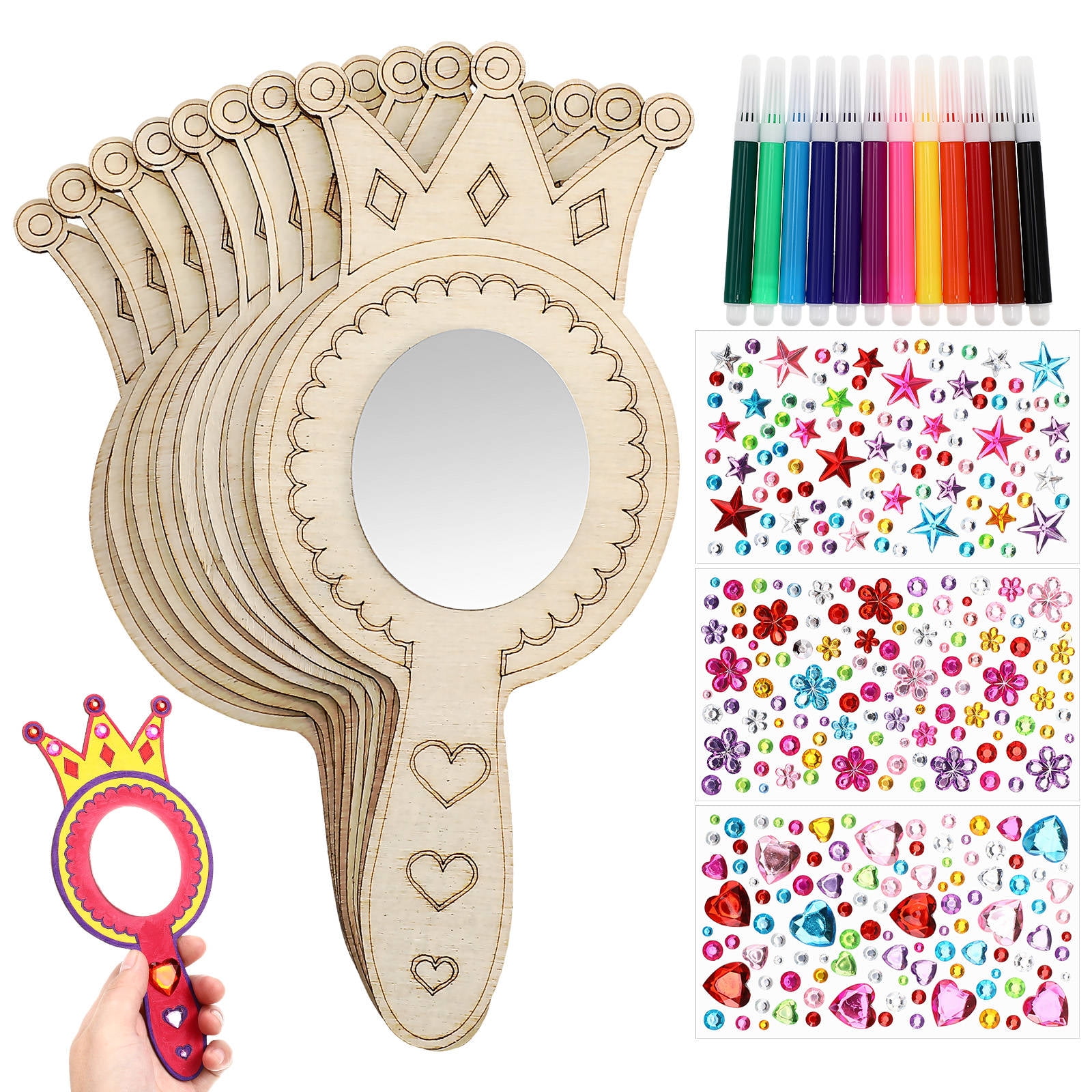 GOOHOCHY Crown Shaped Hand Mirror Multi Color Wood Crafts for Princess ...
