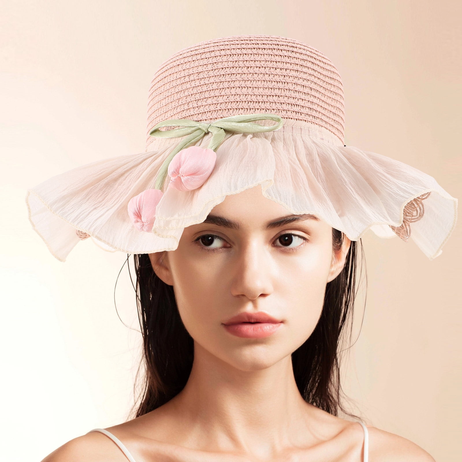 GOOHOCHY Girl Summer Straw Sun Hat Breathable Wide Brim Beach Cap With ...