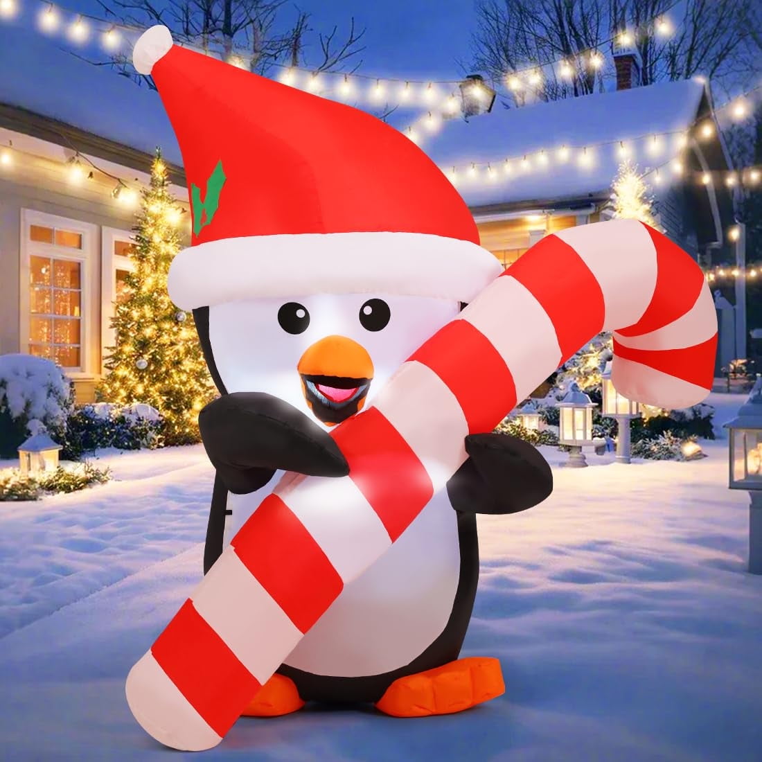 GOOSH 5ft Inflatable Penguin with Candy Cane, Indoor/Outdoor LED ...