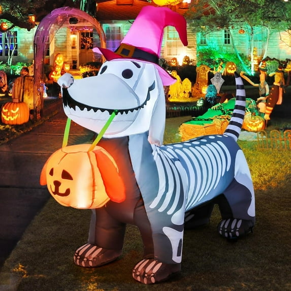GOOSH 5.7 FT Halloween Inflatable Skeleton Dog with LEDs, Outdoor ...