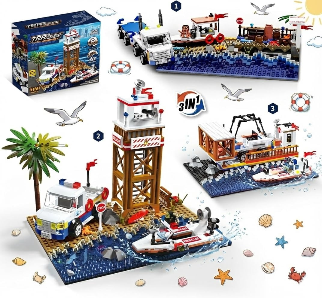 GOQI City 3 in 1 Truck Building Set - Police Beach Rescue, Fishing Dock ...