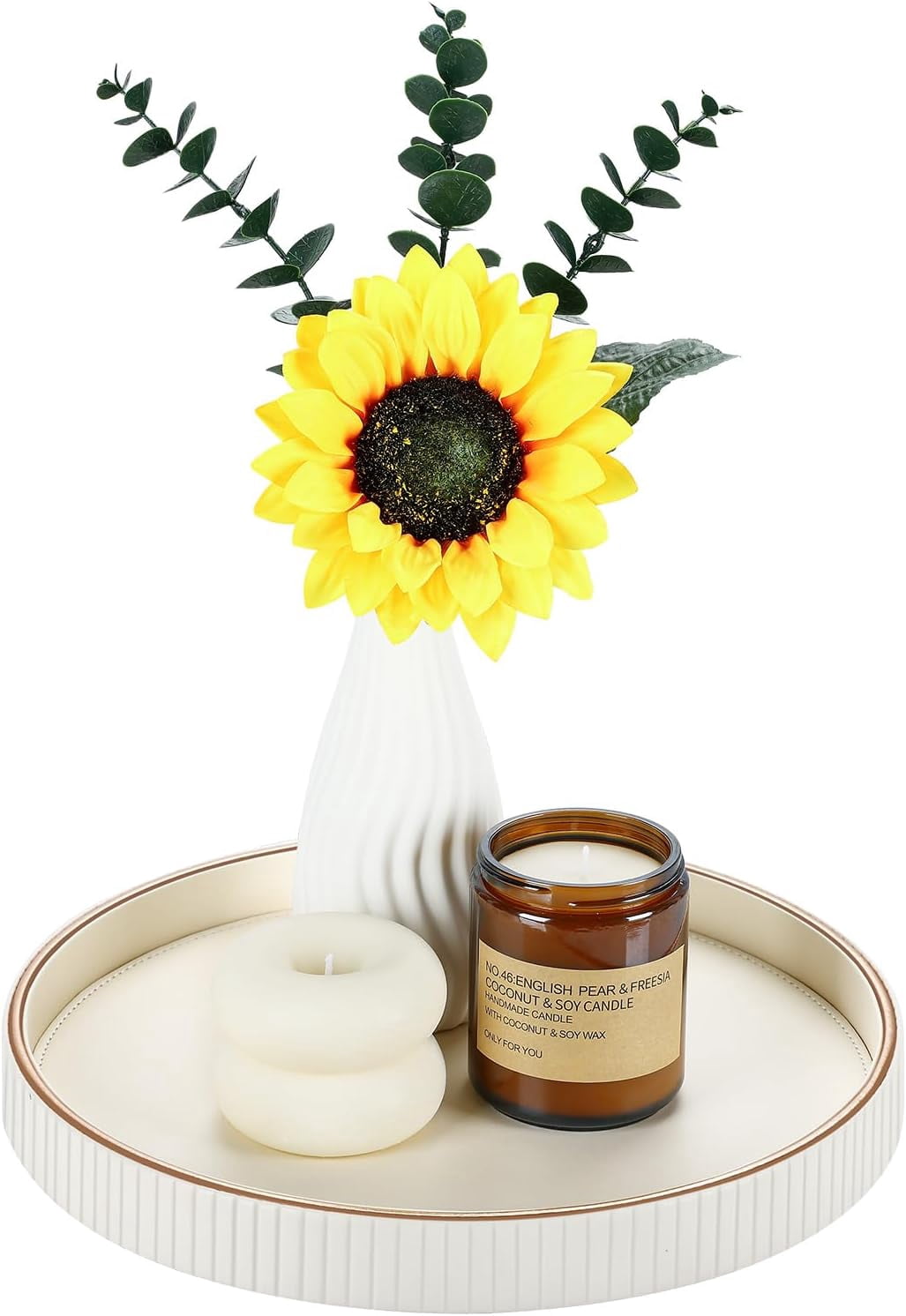 GORESE Round Decorative Serving Tray for Coffee Table Decor, 12" PU ...