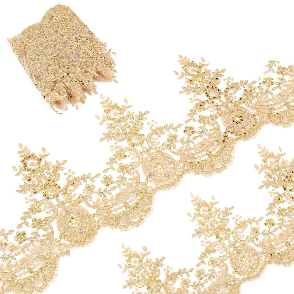 GORGECRAFT 3 Yards 9 Inches Width Sequin Flower Lace Ribbon Metaillic ...