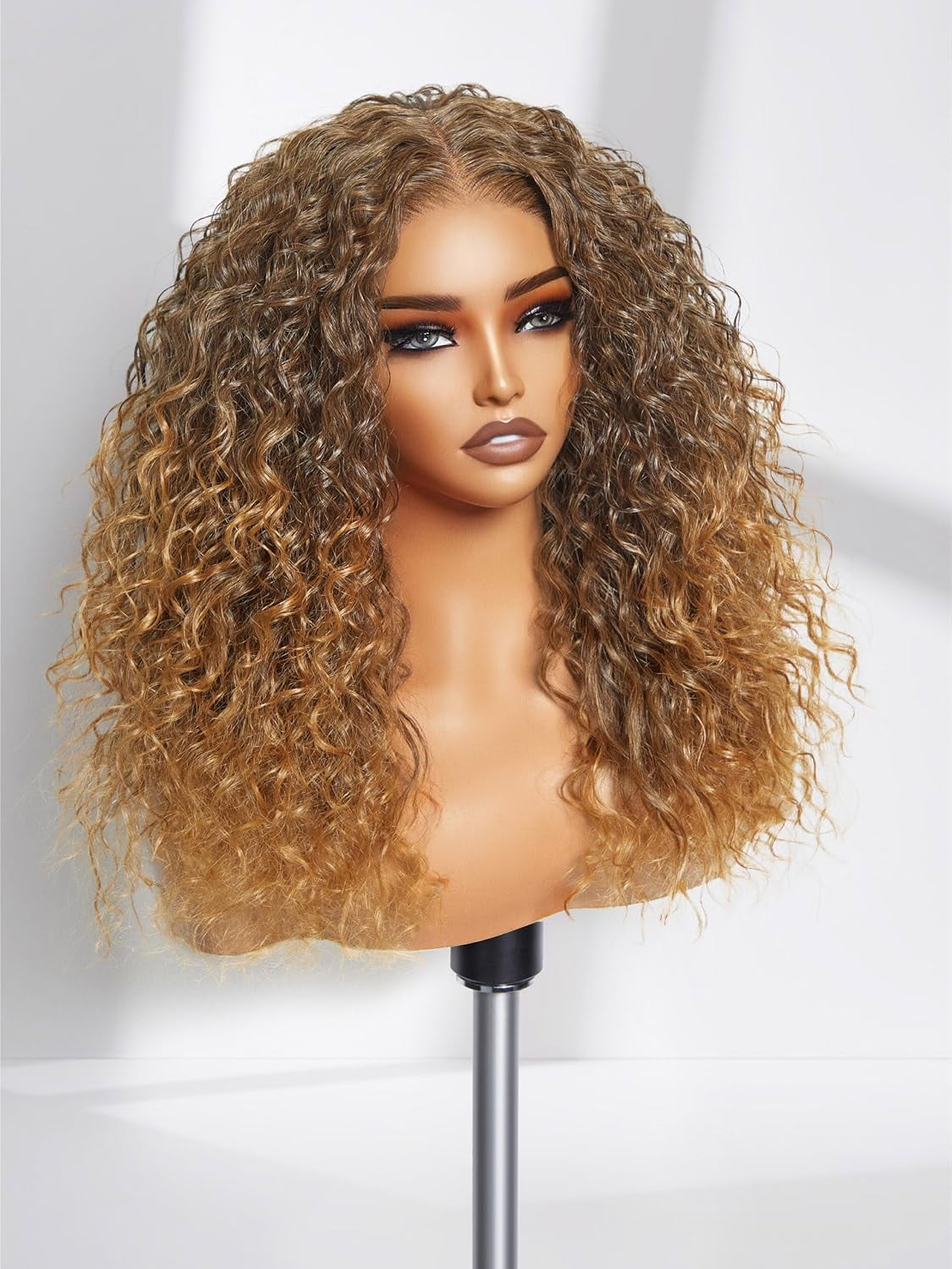 GORGIUS Ginger Brown Curly Lace Front Wig Pre Cut Glueless Highlighted ...